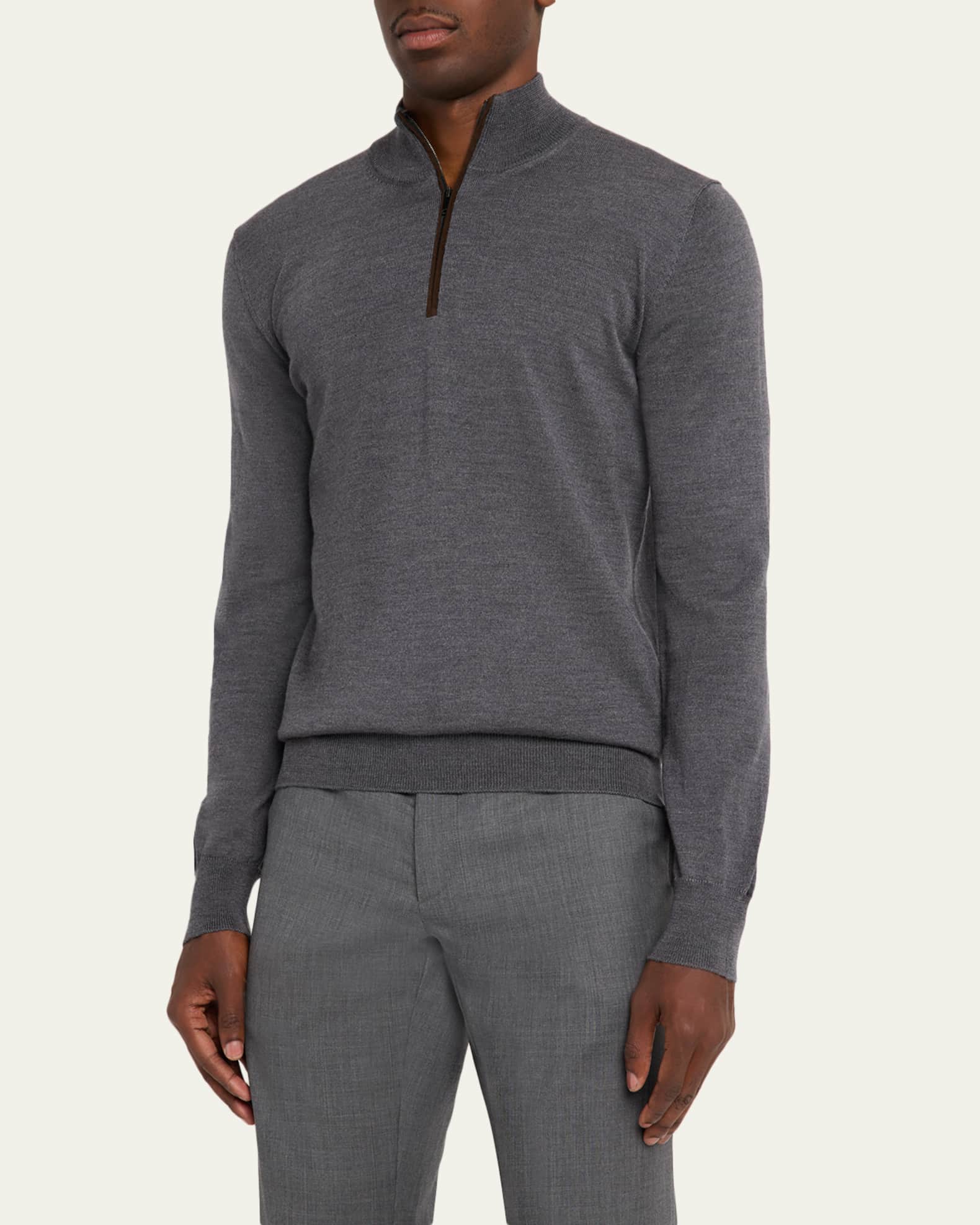 Eton Men's Merino Wool Leather Trim Quarter-Zip Sweater | Neiman Marcus