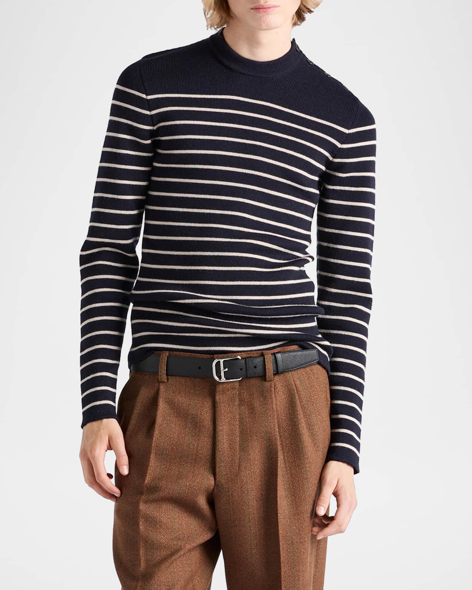 Prada Men's Stripe Superfine Wool Crew-Neck Sweater | Neiman Marcus