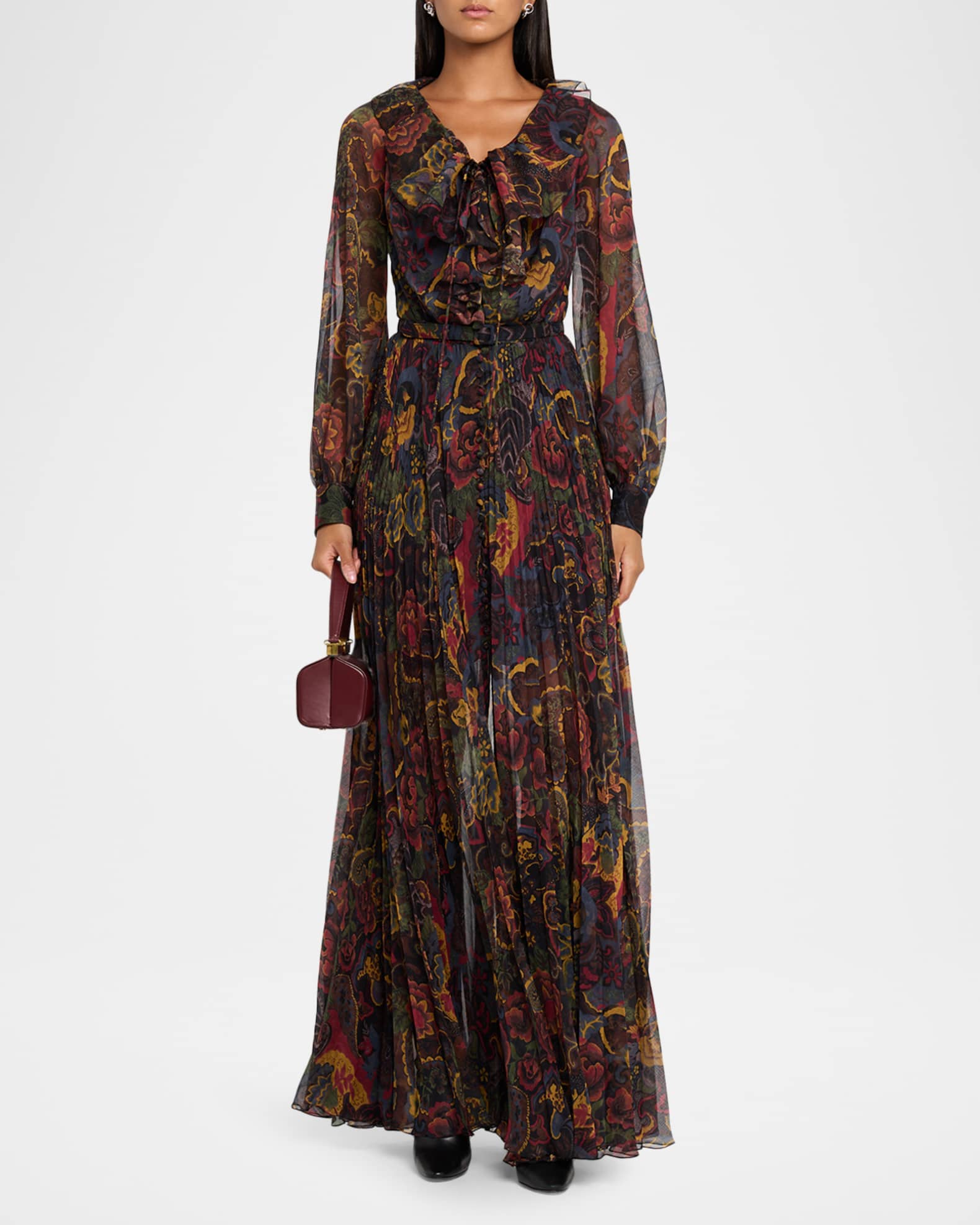 Ralph Lauren Collection Catia Paisley Ruffle Long-Sleeve Maxi Dress | Neiman Marcus