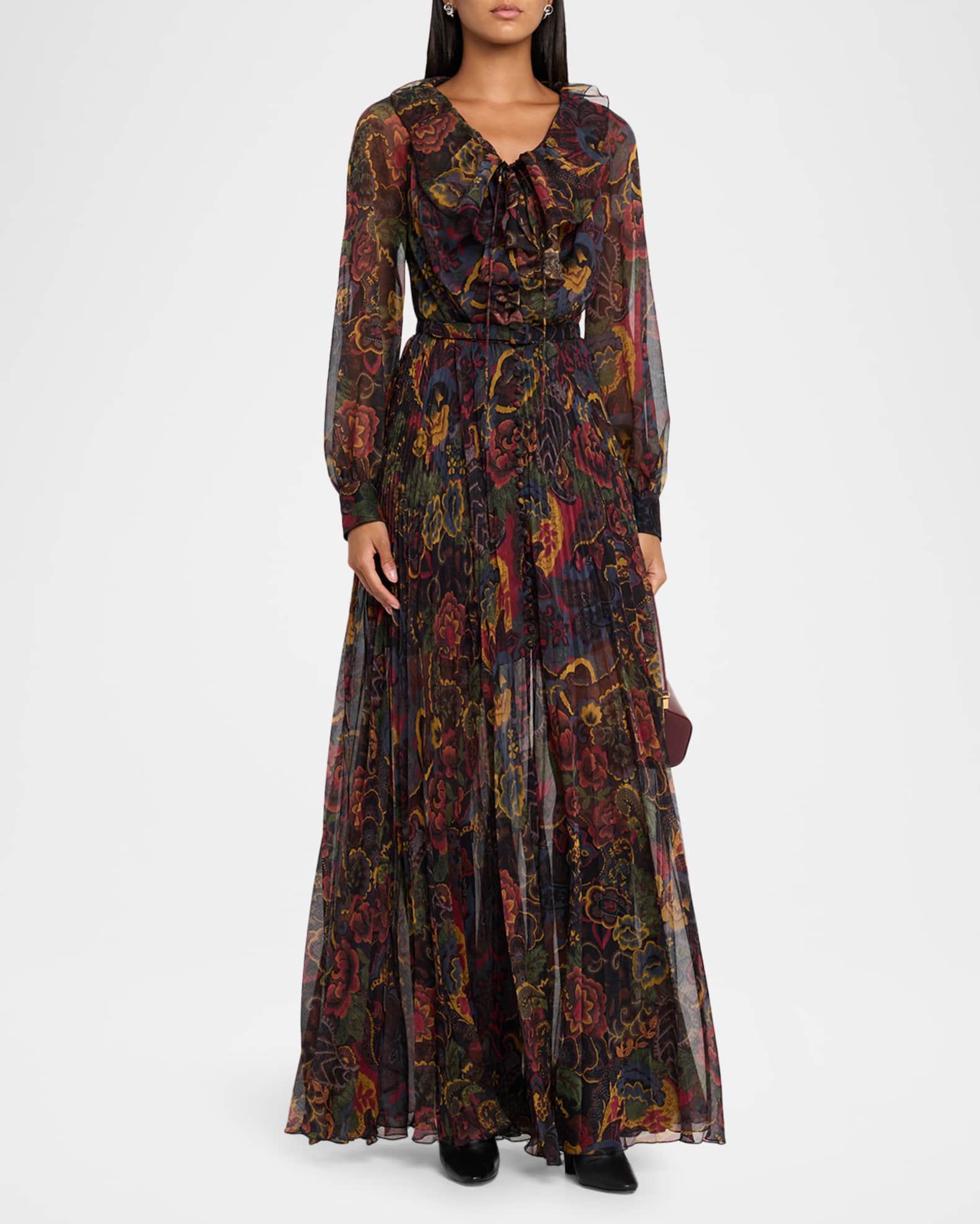 Ralph Lauren Collection Catia Paisley Ruffle Long-Sleeve Maxi Dress | Neiman Marcus