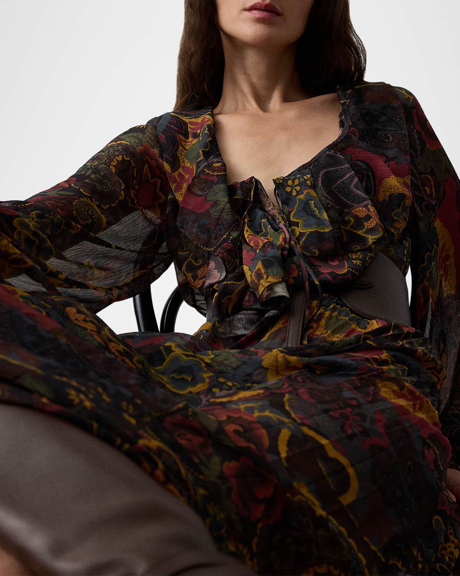 Ralph Lauren Collection Catia Paisley Ruffle Long-Sleeve Maxi Dress | Neiman Marcus