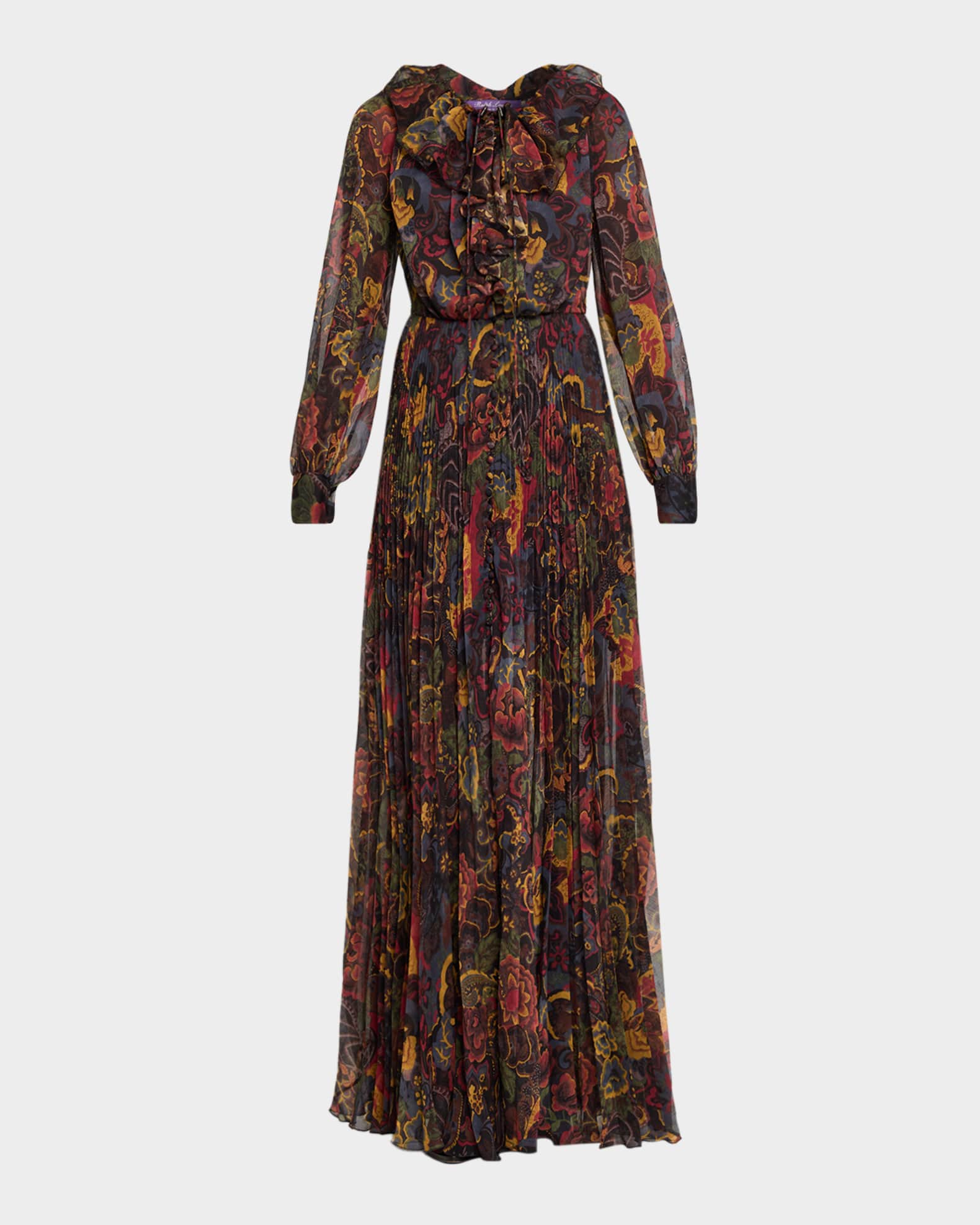 Ralph Lauren Collection Catia Paisley Ruffle Long-Sleeve Maxi Dress | Neiman Marcus