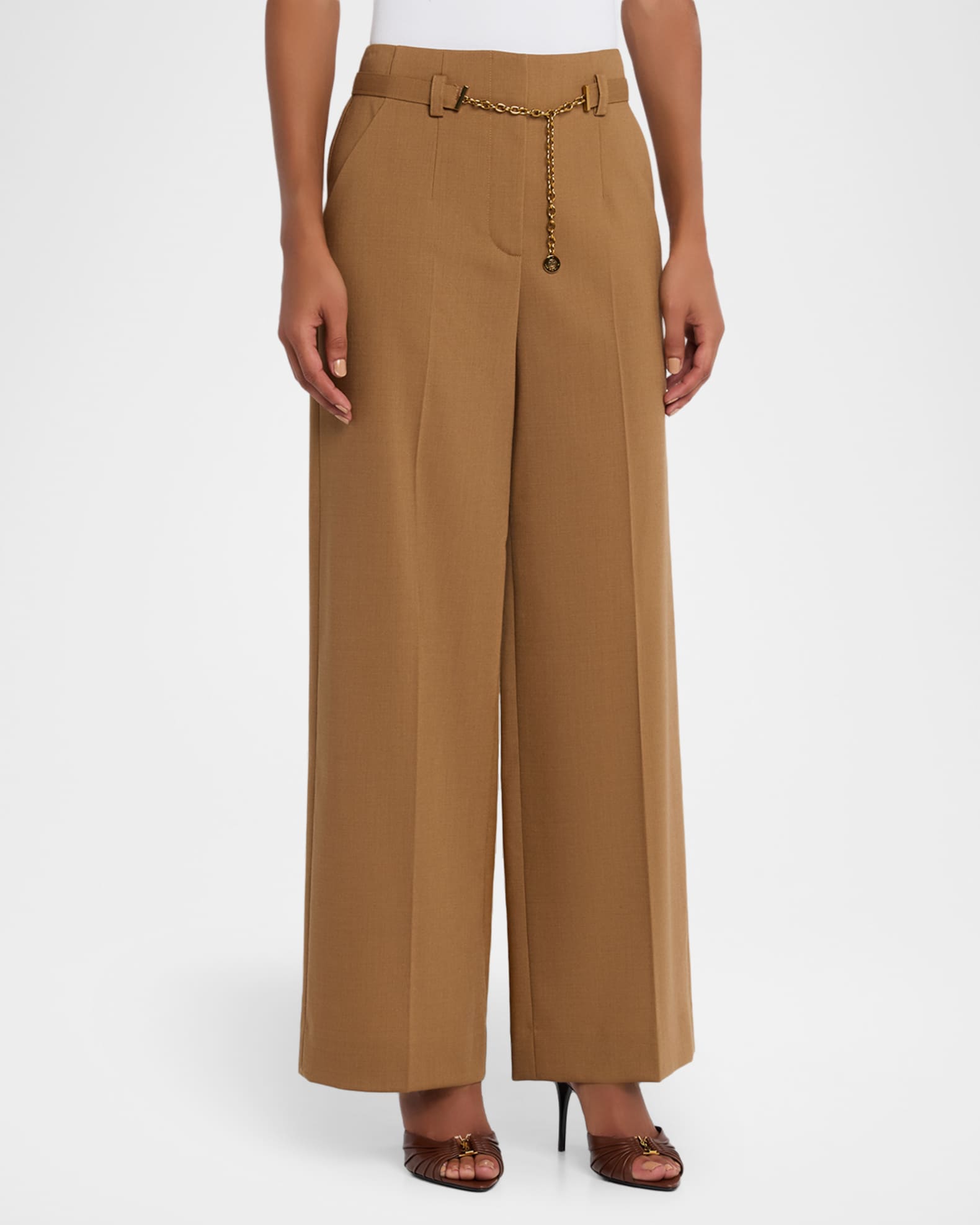 Veronica Beard McGrath Wide-Leg Pants with Chain Belt | Neiman Marcus
