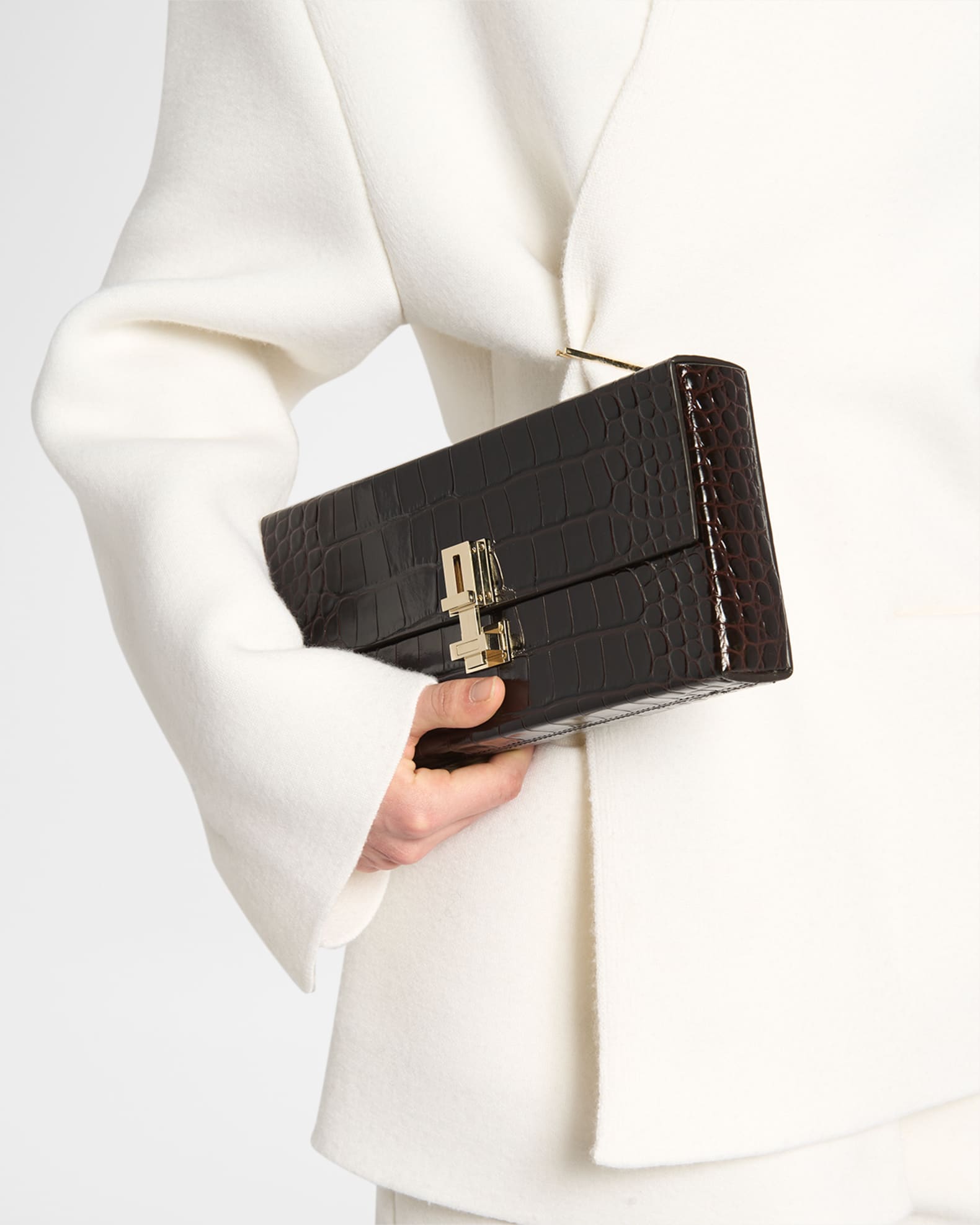 T-Latch Glossed Croc-Effect Leather Clutch Bag | Neiman Marcus