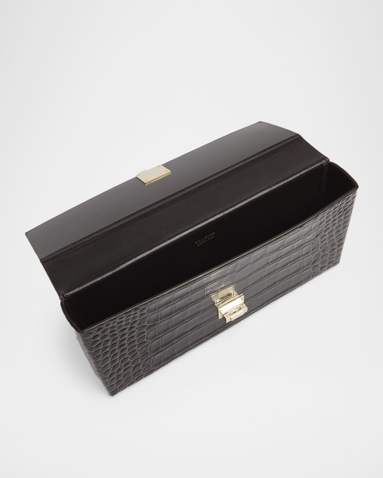T-Latch Glossed Croc-Effect Leather Clutch Bag | Neiman Marcus