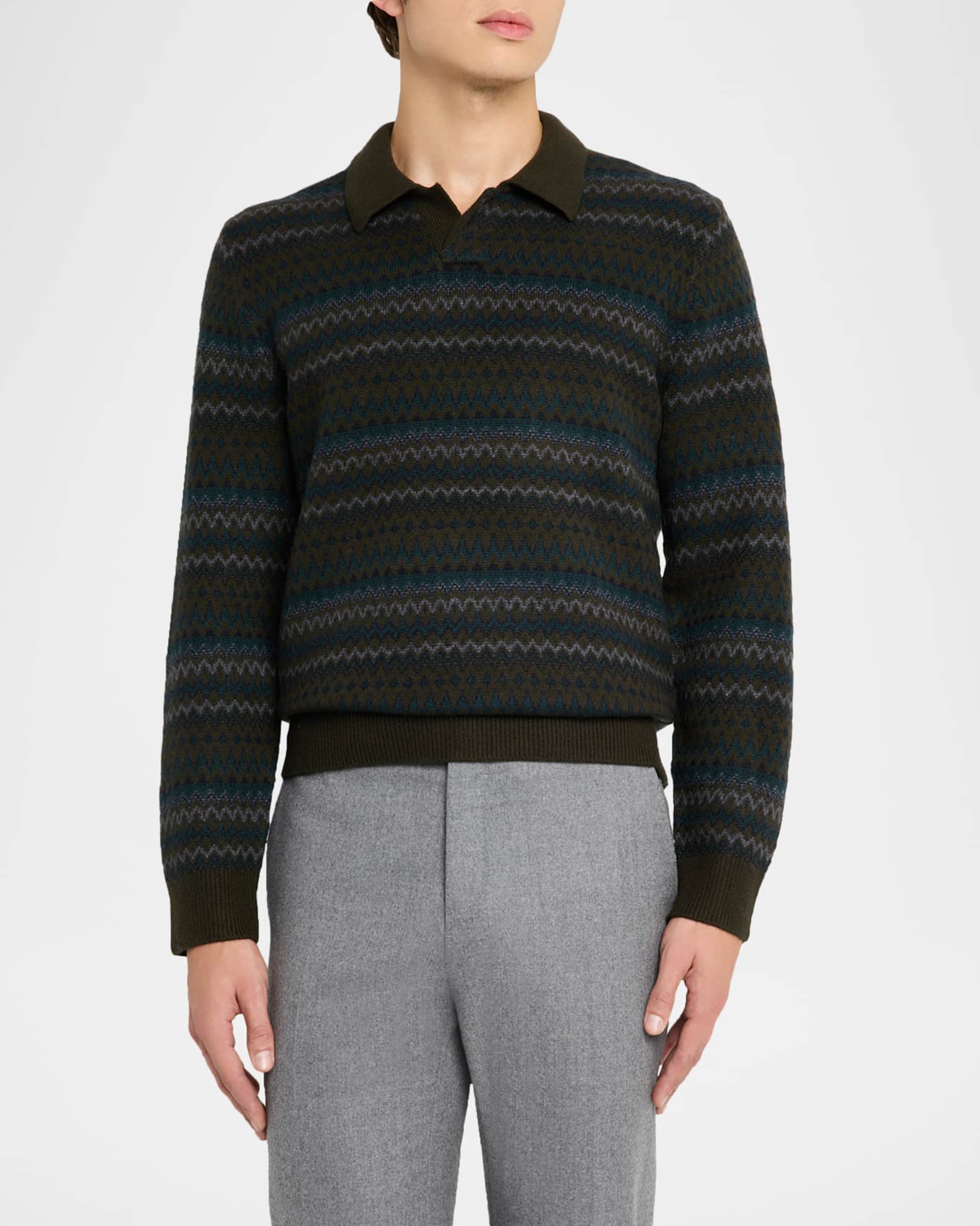 Vince Men's Fair Isle Wool-Cashmere Johnny-Collar Sweater | Neiman Marcus