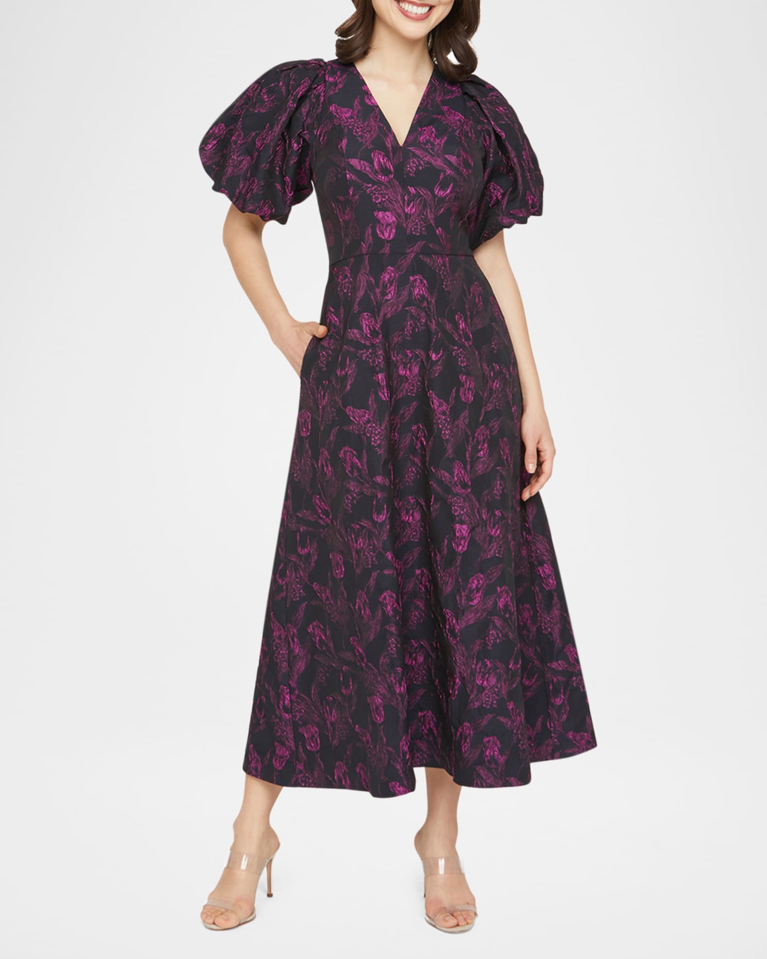 Kay Unger New York Grace Blouson-Sleeve Floral Jacquard Midi Dress ...