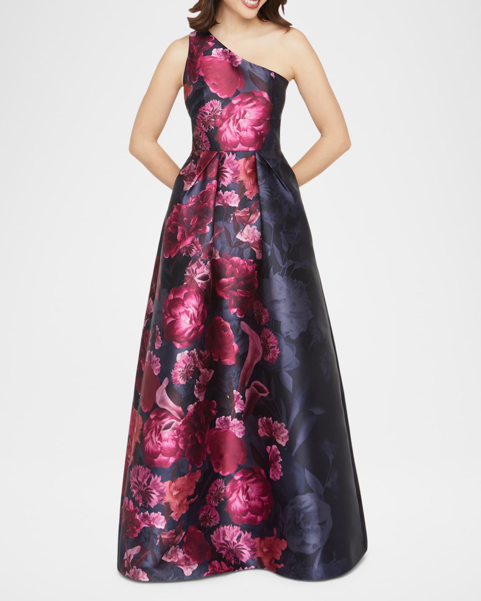 Kay Unger New York Dianna One-Shoulder Pleated Mikado Gown | Neiman Marcus