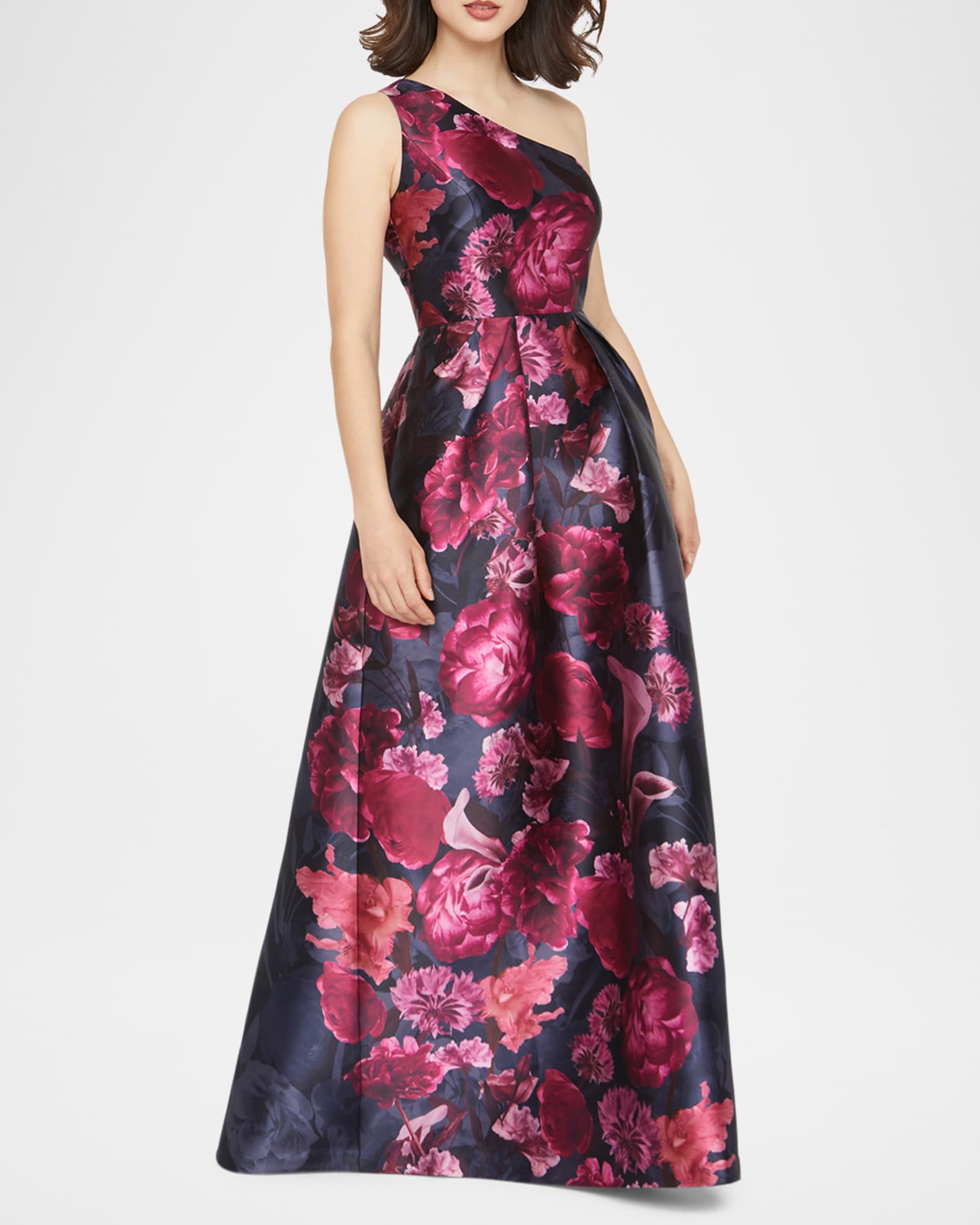 Kay Unger New York Dianna One-Shoulder Pleated Mikado Gown | Neiman Marcus