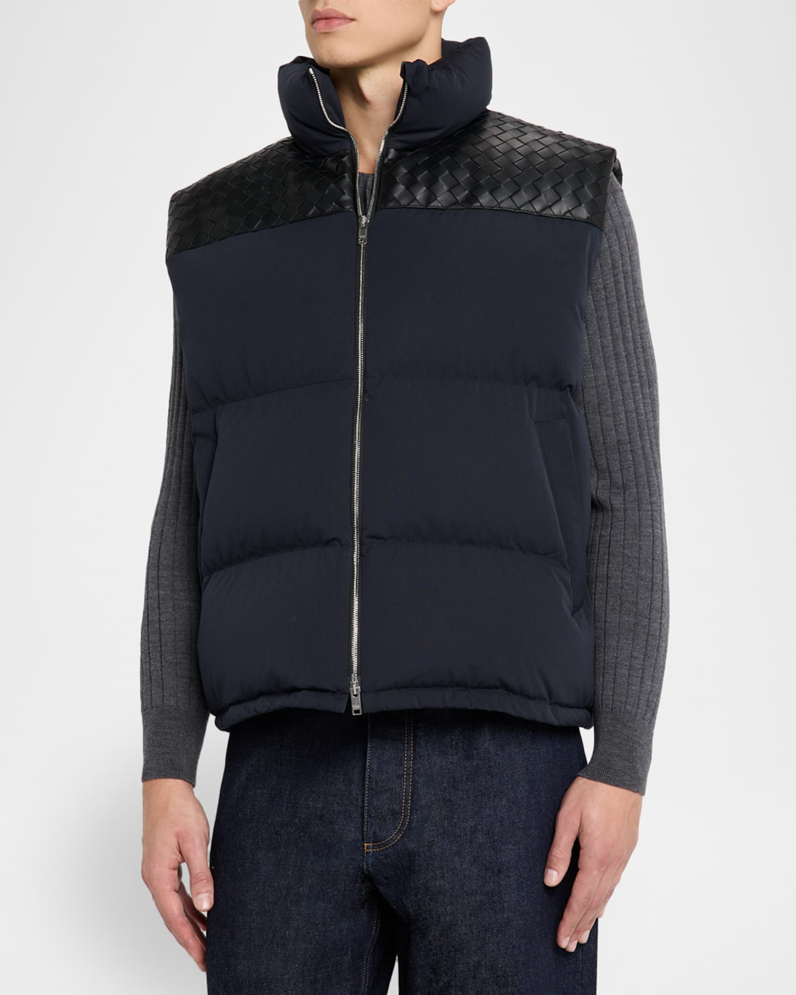Bottega Veneta Men's Tech Puffer Vest with Intrecciato Leather Detail ...