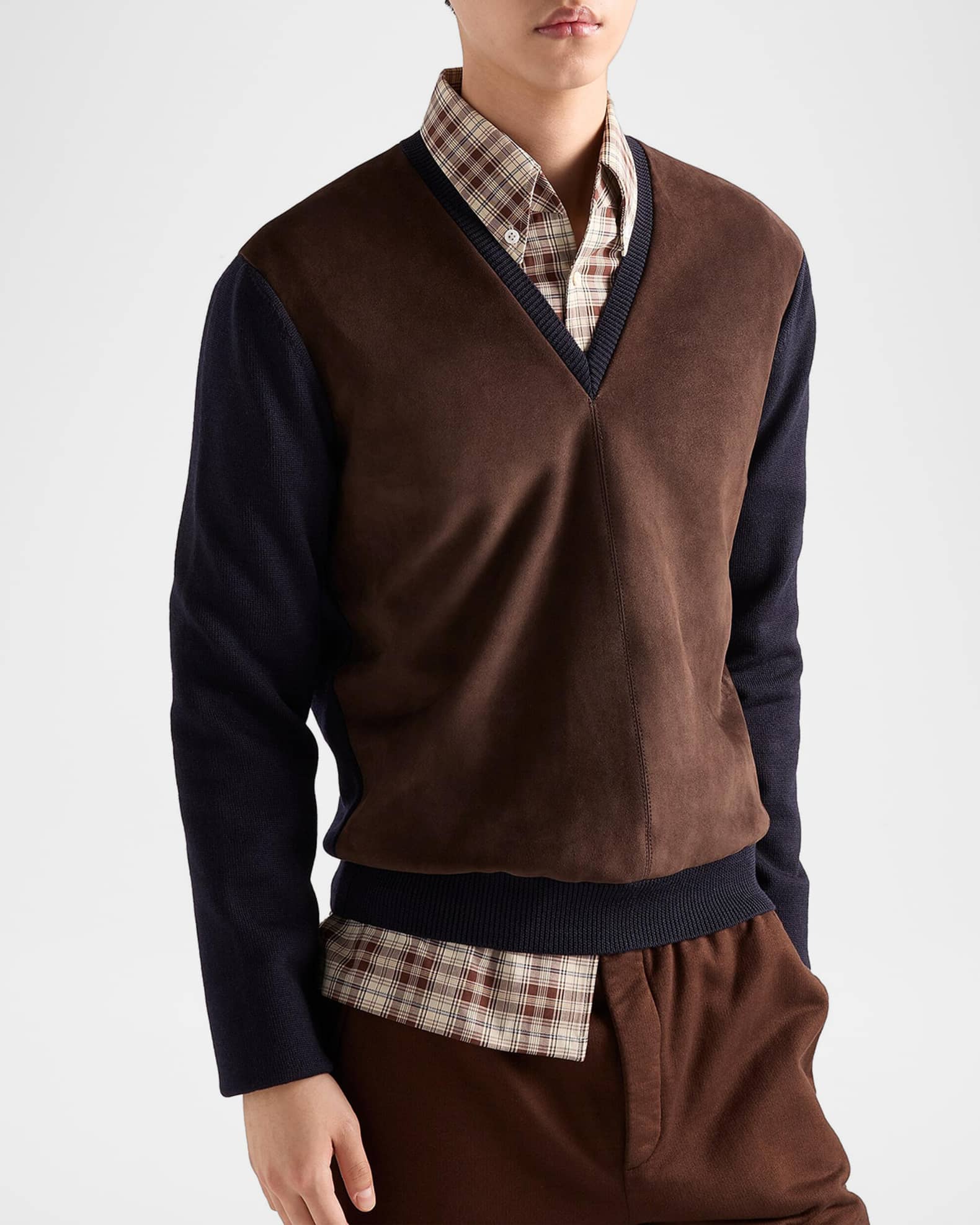 Prada Men's Superfine Wool & Suede Sweater | Neiman Marcus