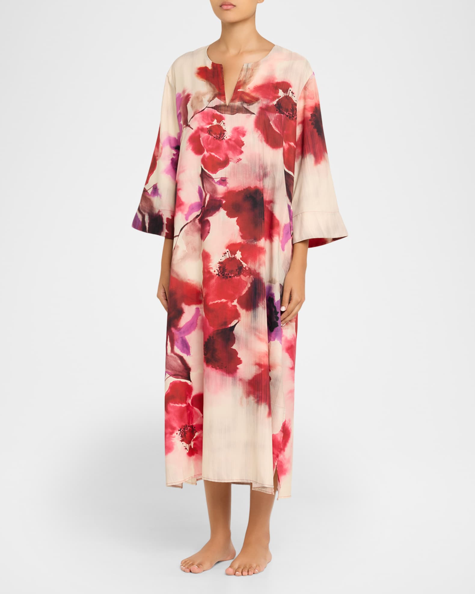 Natori Mizuki Floral-Print Charmeuse Caftan | Neiman Marcus