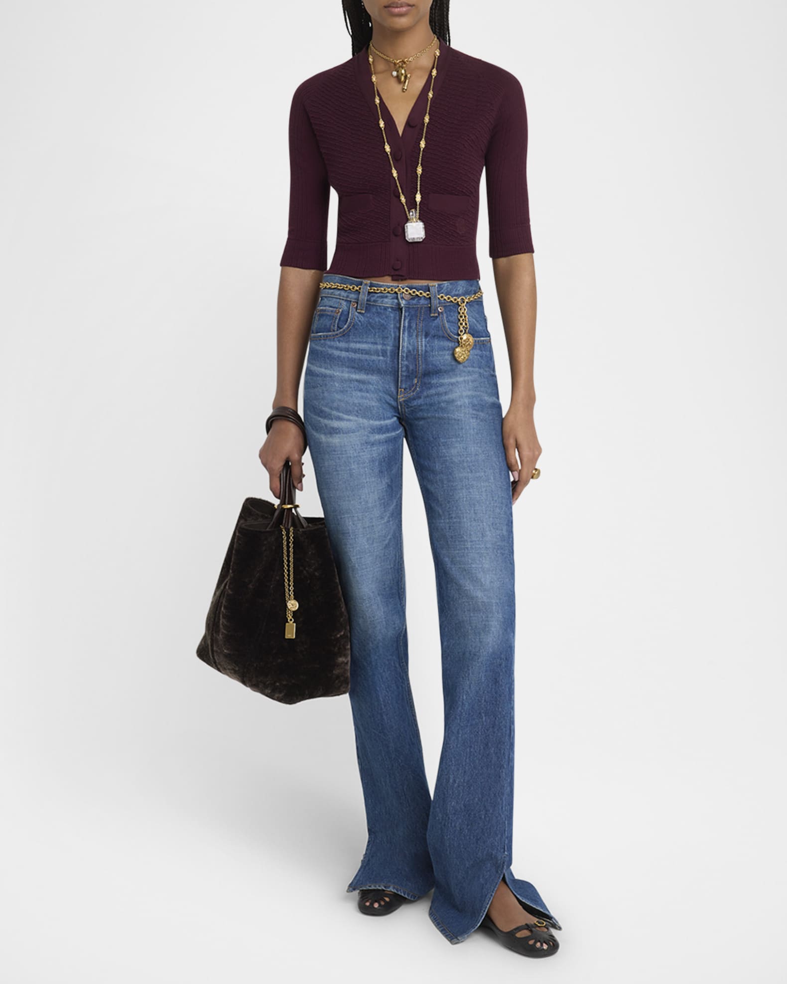 Chloe Textured Wool Knit Half-Sleeve Cropped Cardigan | Neiman Marcus