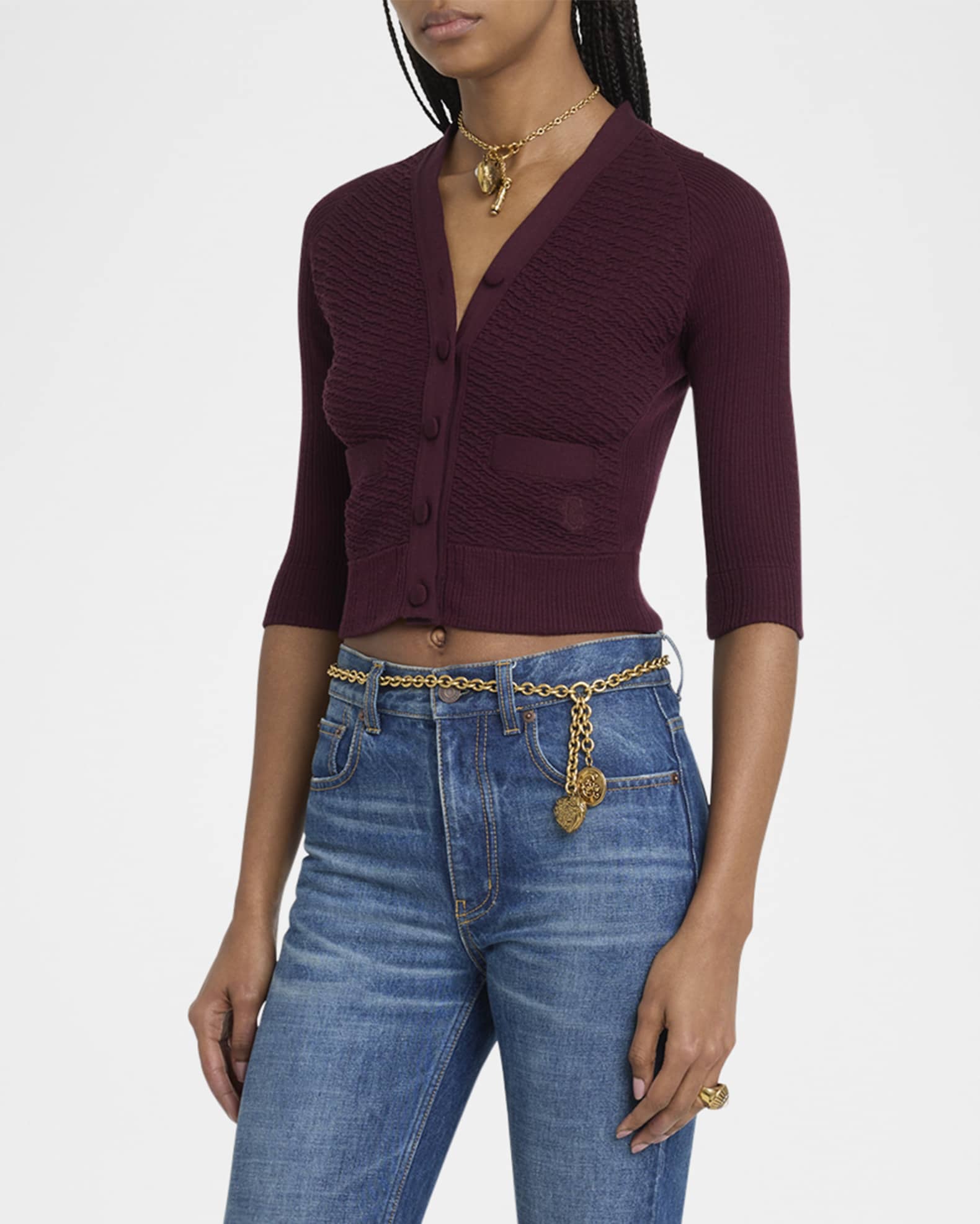 Chloe Textured Wool Knit Half-Sleeve Cropped Cardigan | Neiman Marcus