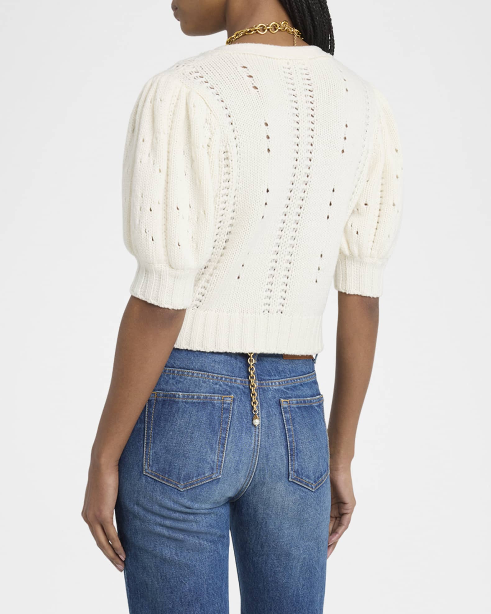 Chloe Wool & Cashmere Cropped Puff-Sleeve Cardigan | Neiman Marcus