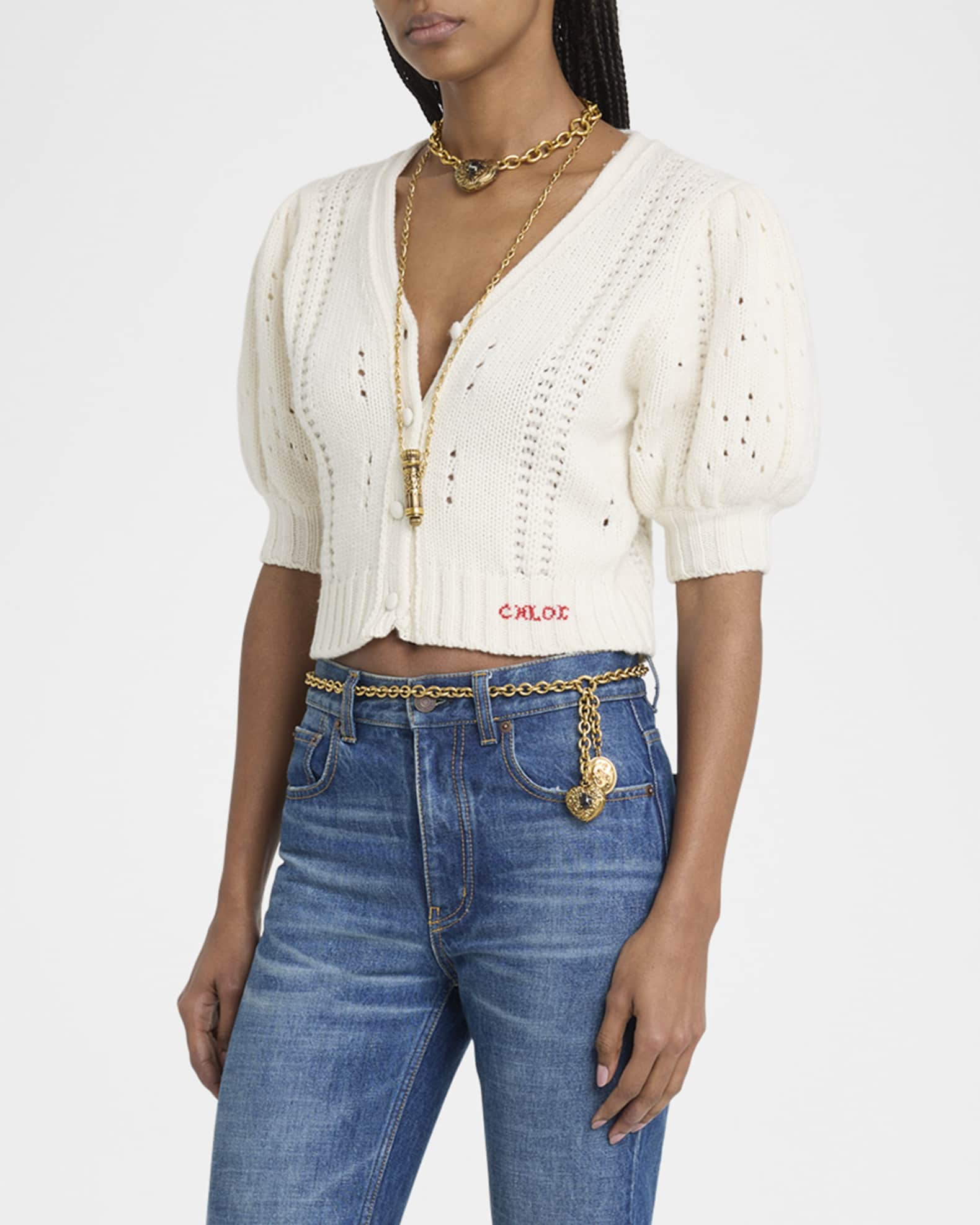 Chloe Wool & Cashmere Cropped Puff-Sleeve Cardigan | Neiman Marcus