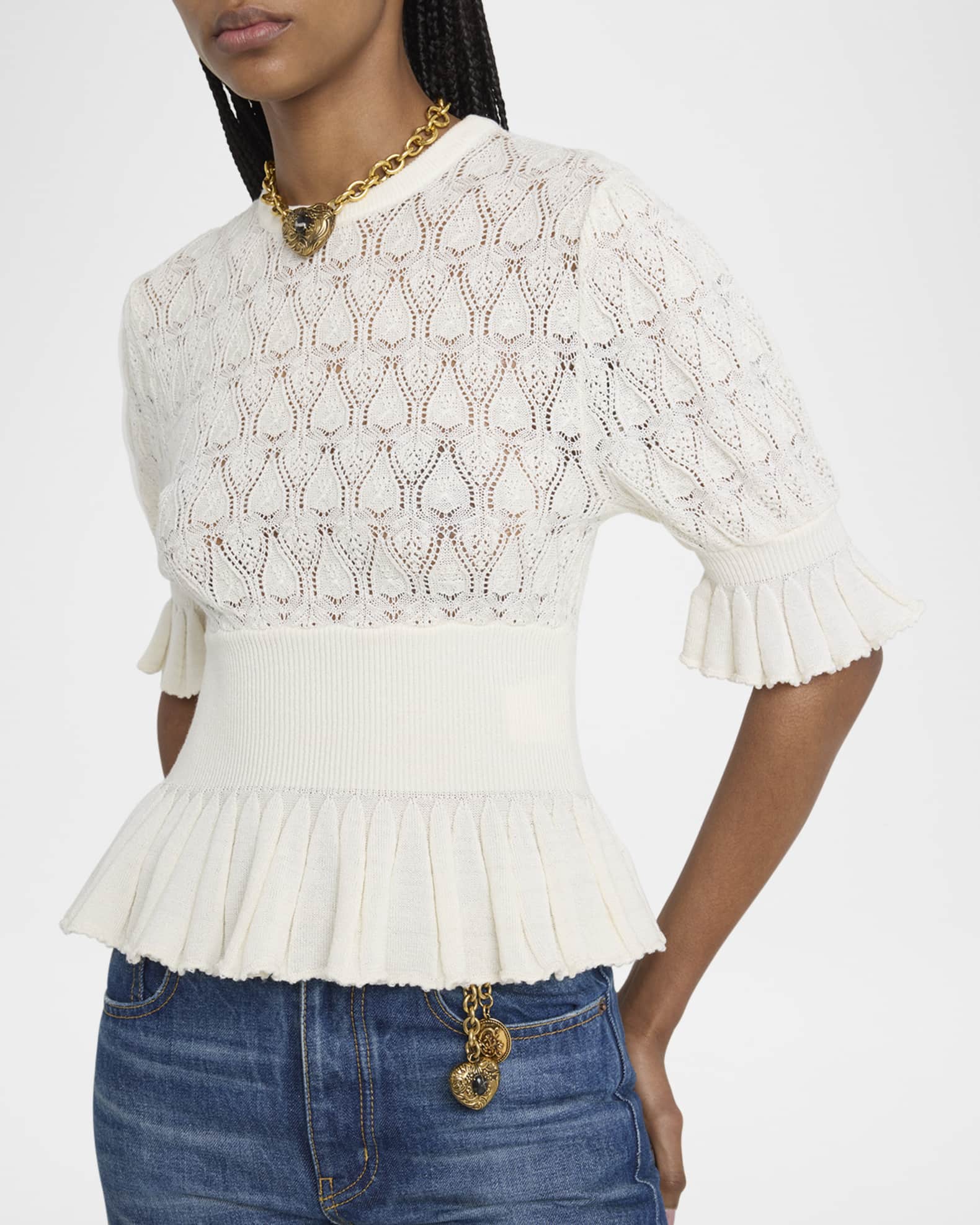 Chloe Short-Sleeve Pointelle Peplum Sweater | Neiman Marcus