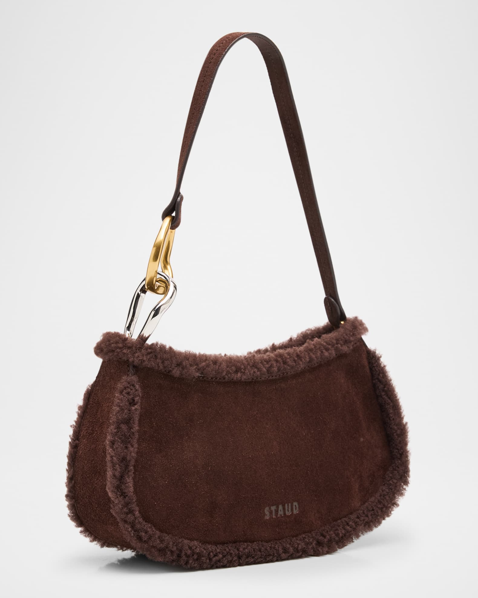 STAUD Ollie Shearling-Trim Suede Shoulder Bag | Neiman Marcus