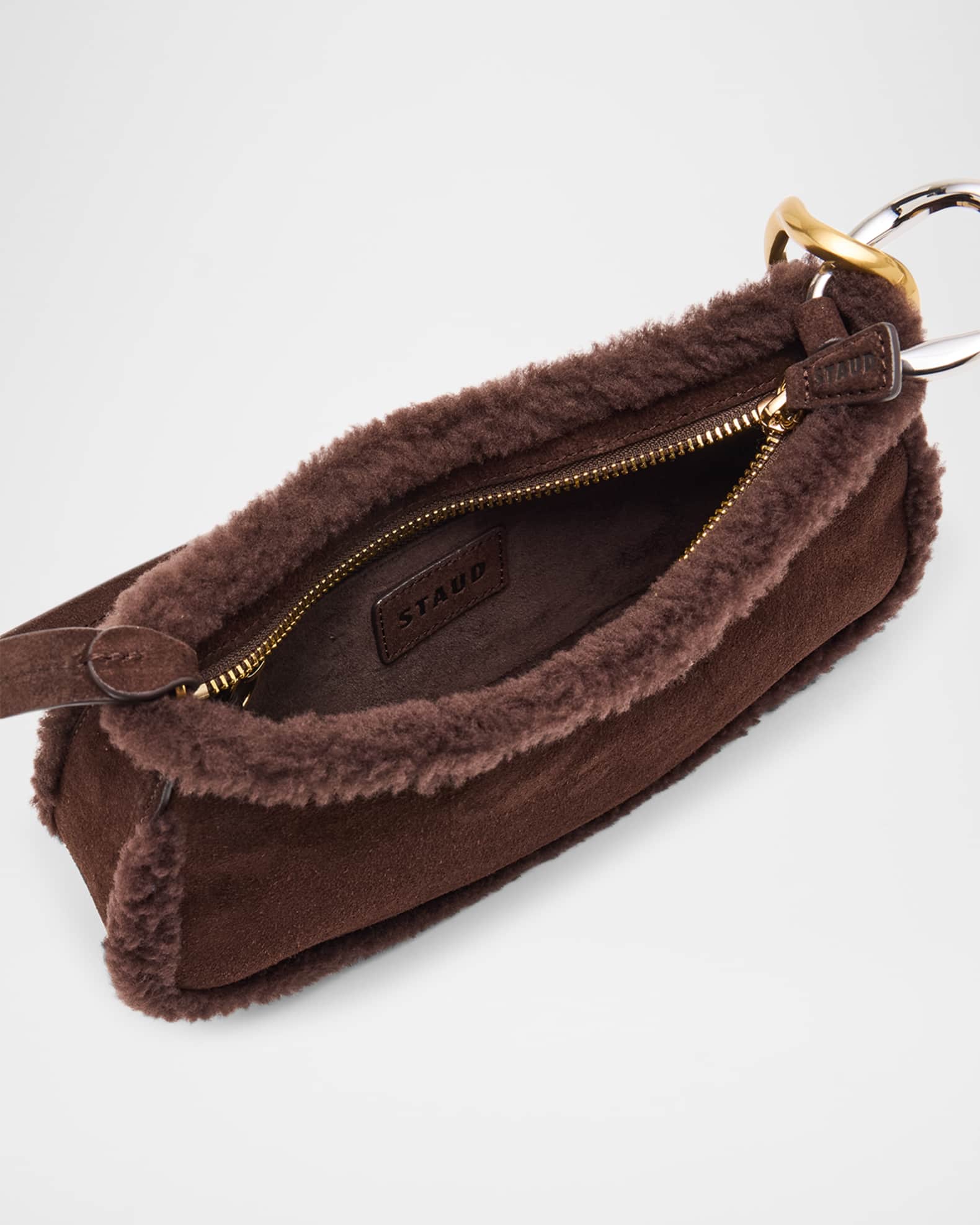 STAUD Ollie Shearling-Trim Suede Shoulder Bag | Neiman Marcus