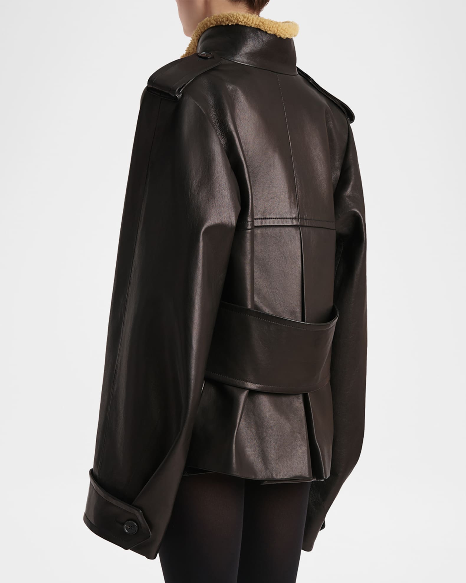 Khaite Dean Leather Double-Breasted Jacket With Lamb Shearling Collar ...