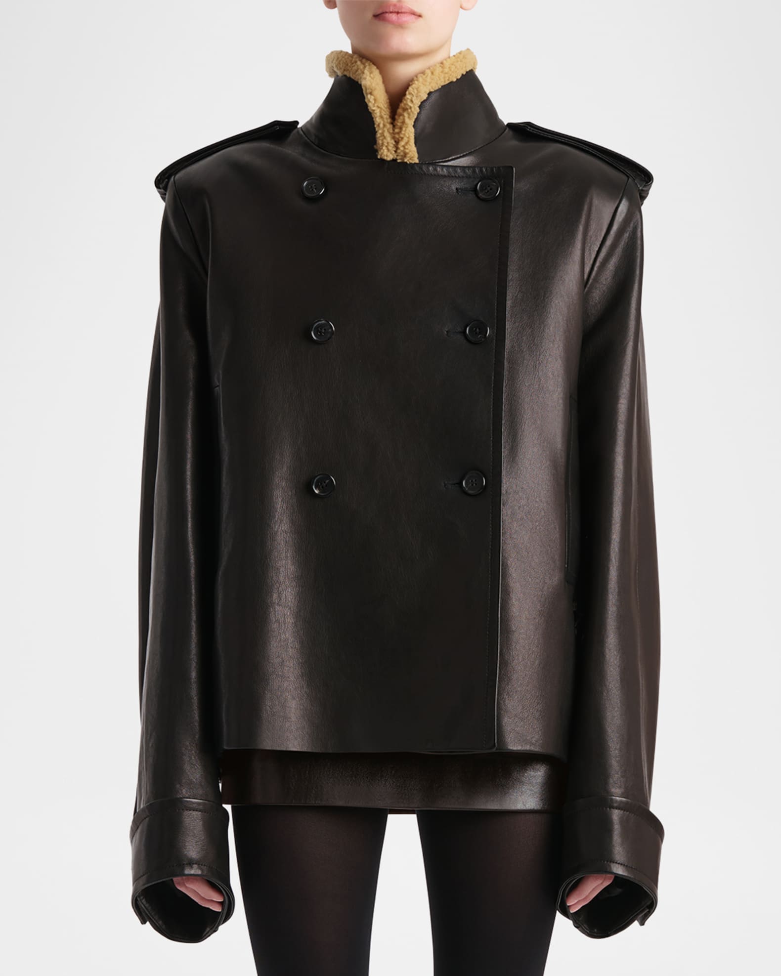 Khaite Dean Leather Double-Breasted Jacket With Lamb Shearling Collar ...
