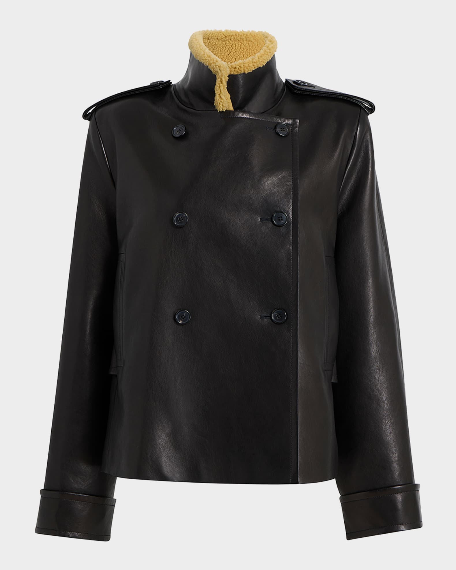 Khaite Dean Leather Double-Breasted Jacket With Lamb Shearling Collar ...