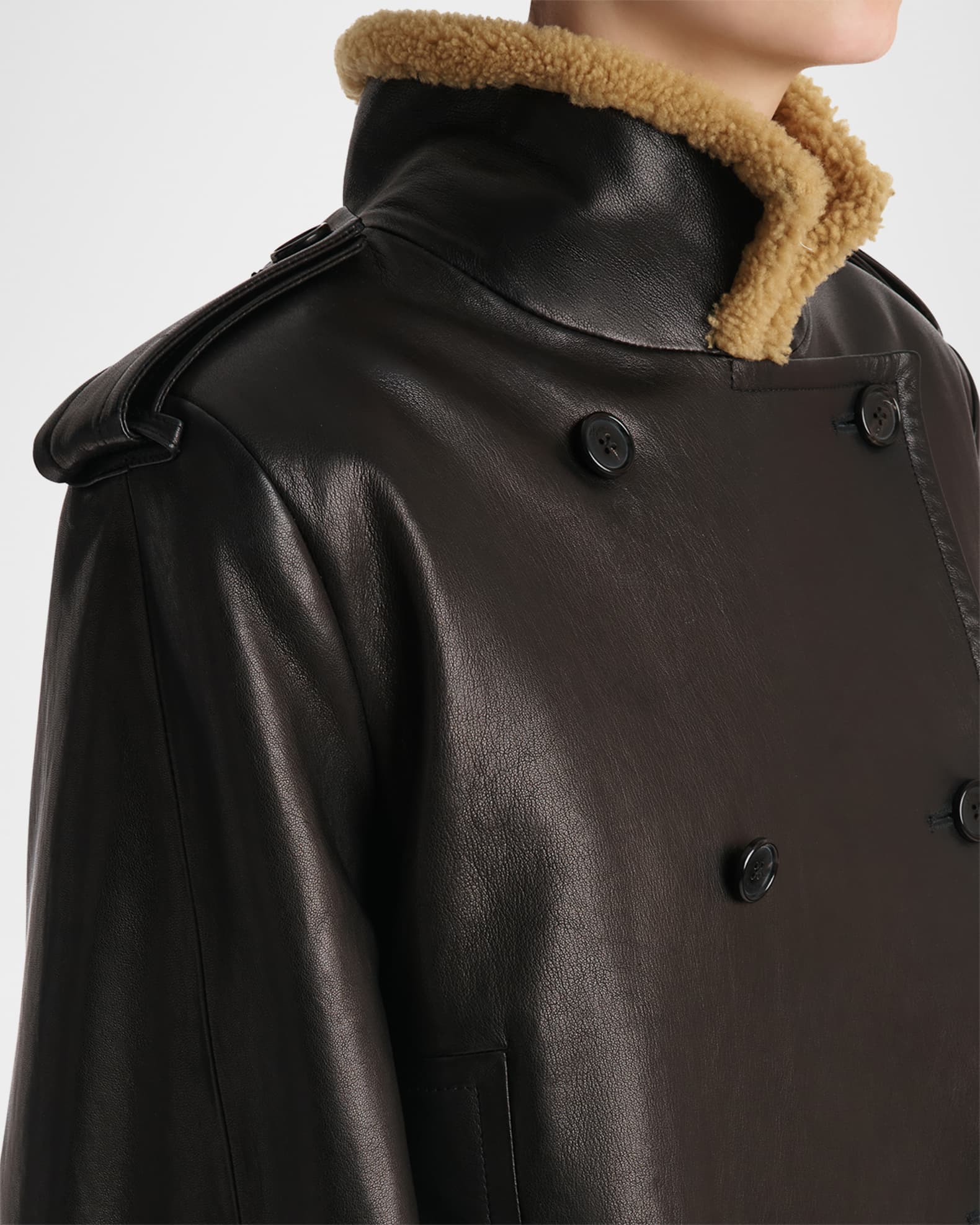 Khaite Dean Leather Double-Breasted Jacket With Lamb Shearling Collar ...