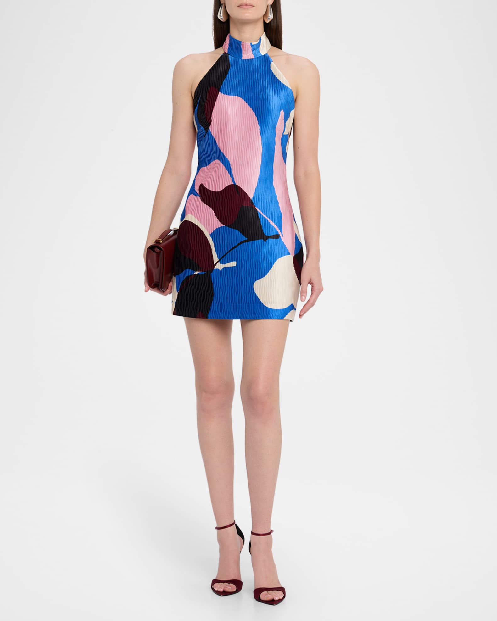 REBECCA VALLANCE Mika Pleated Floral-Print Halter Mini Dress | Neiman ...