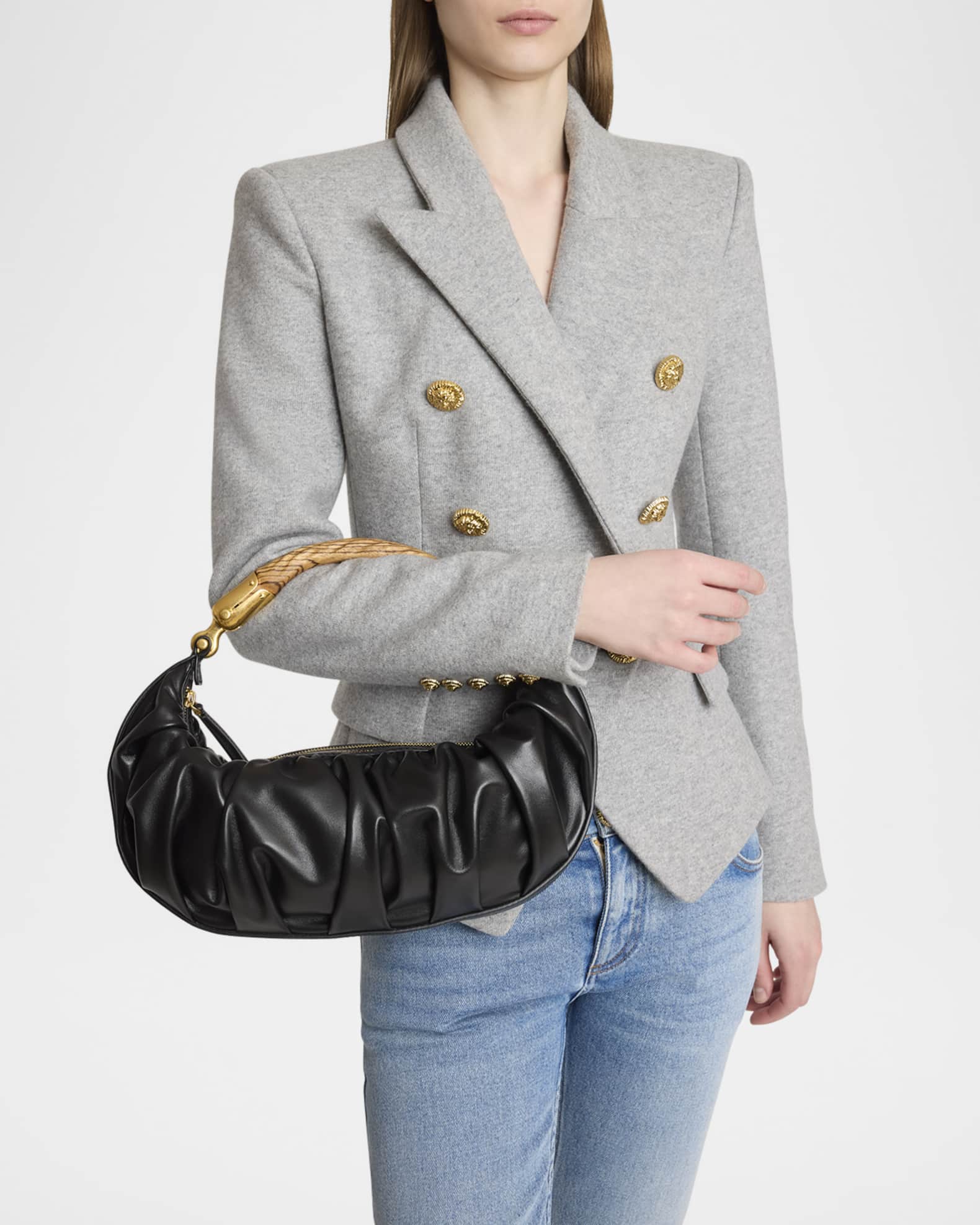 Balmain Ebene Medium Ruched Top-Handle Bag in Leather | Neiman Marcus