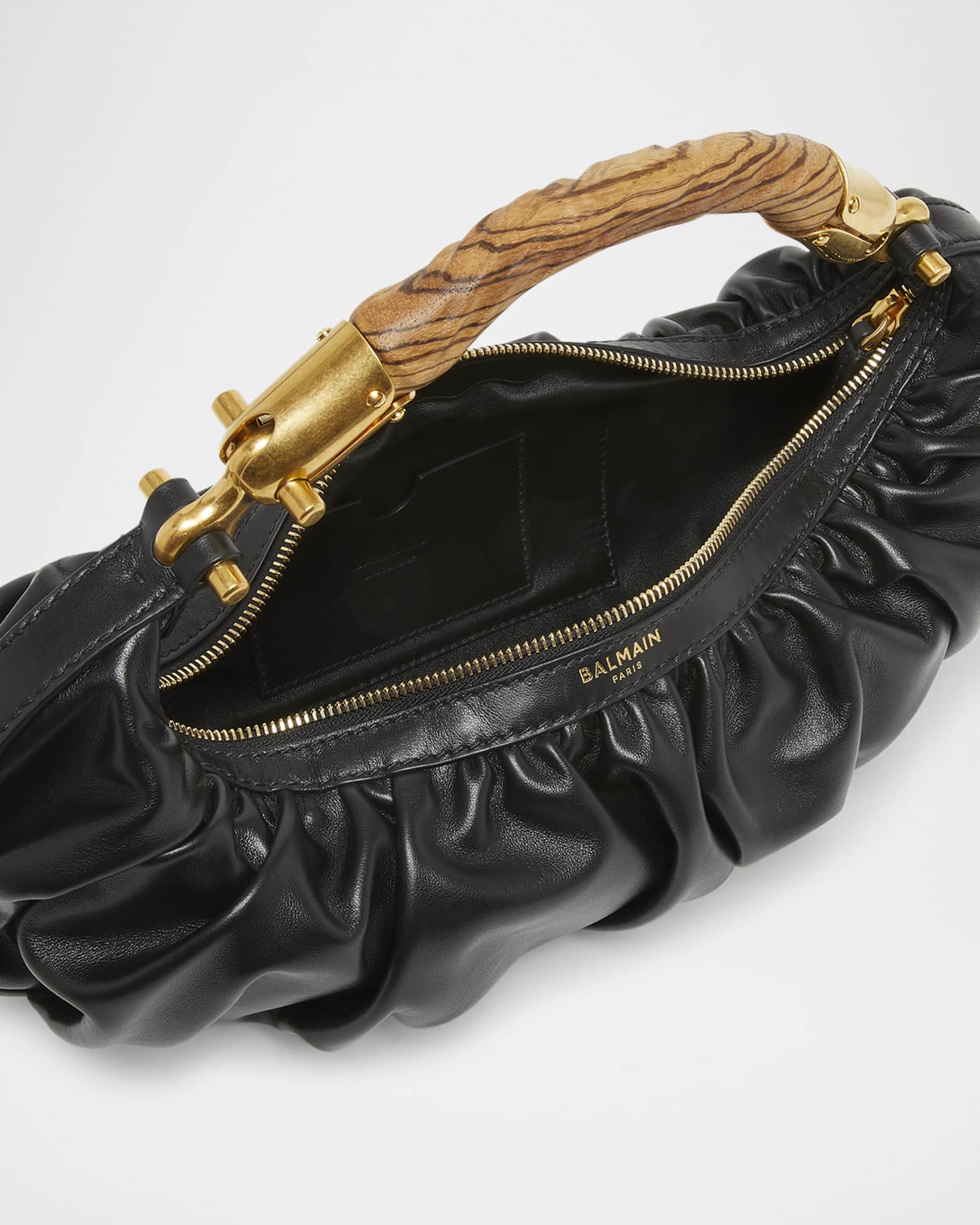 Balmain Ebene Medium Ruched Top-Handle Bag in Leather | Neiman Marcus