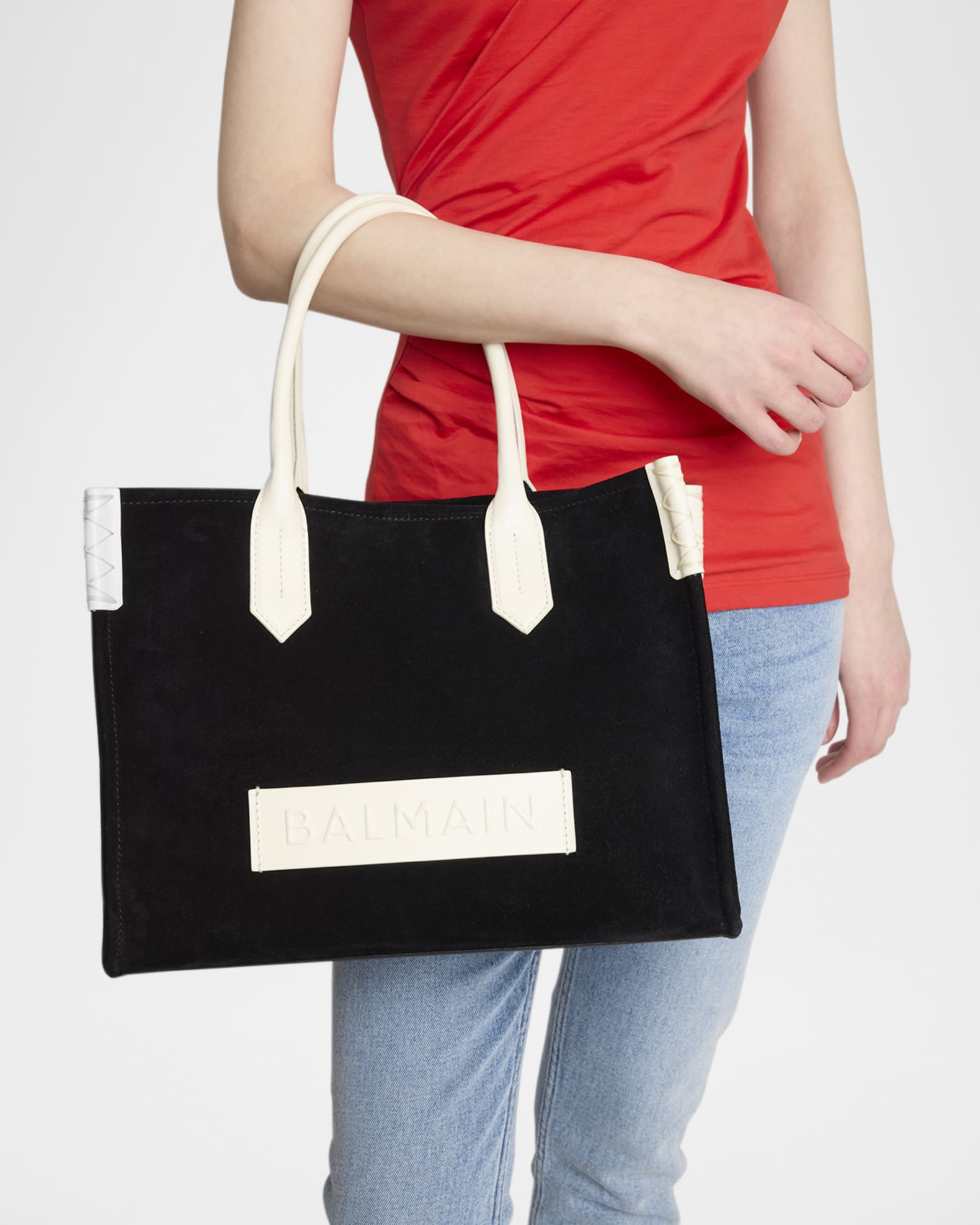 Balmain B-Army Leather-Trim Tote Bag in Suede | Neiman Marcus