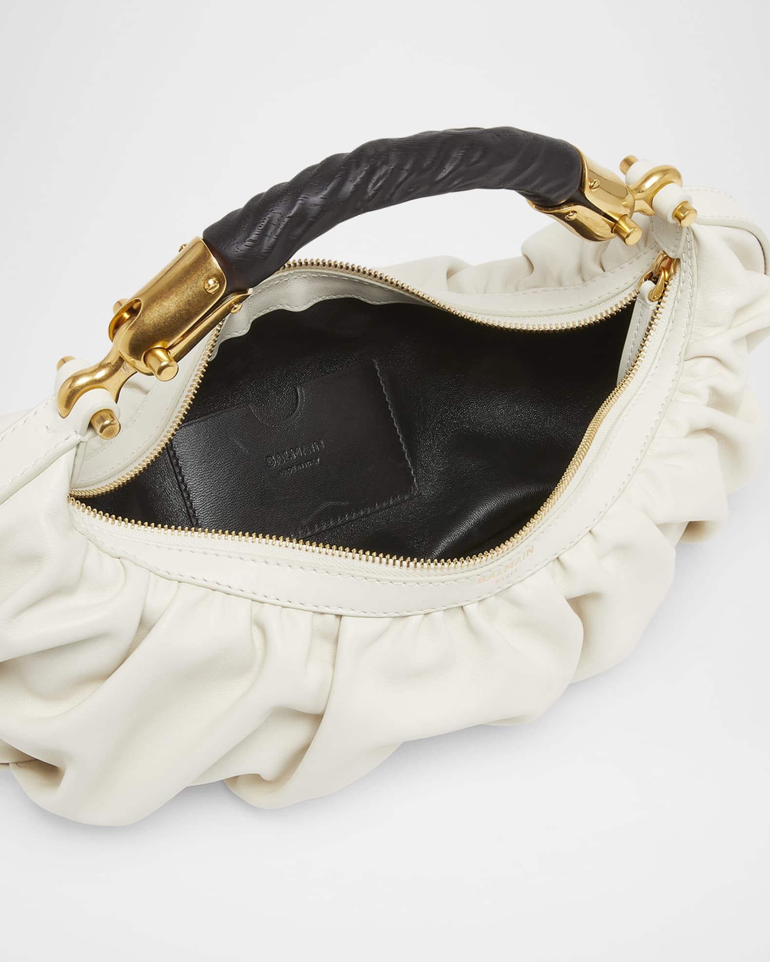 Balmain Ebene Medium Ruched Top-Handle Bag in Leather | Neiman Marcus