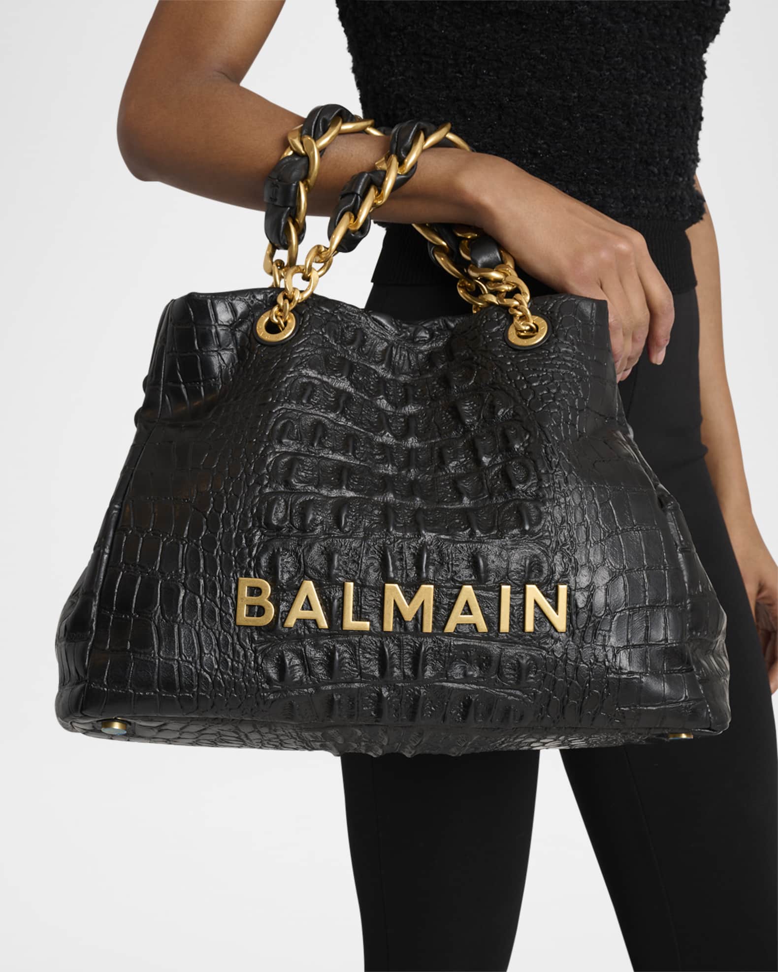 Balmain 1945 Soft Tote Bag in Croc-Embossed Leather | Neiman Marcus