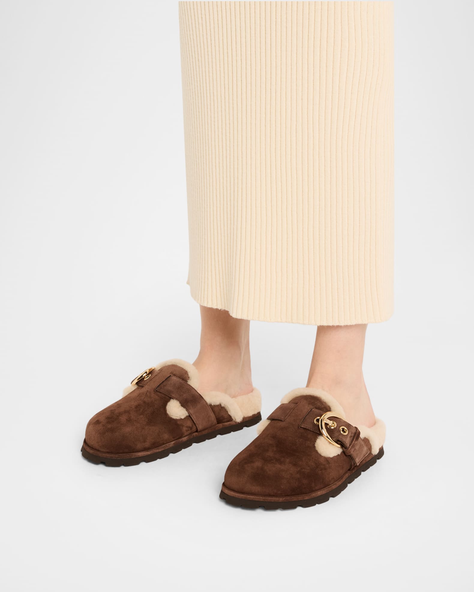 Stuart Weitzman Chrystie Shearling-Lined Suede Mules | Neiman Marcus