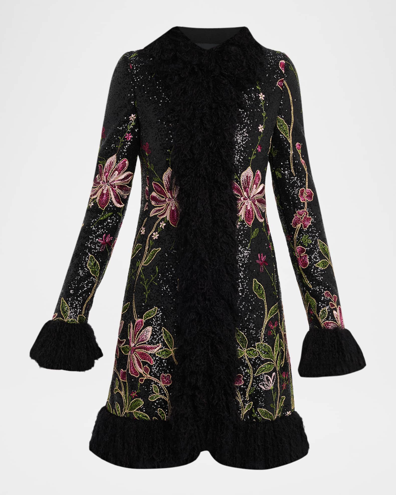 Giambattista Valli Sequin Embroidered Faux Fur Trim Coat | Neiman Marcus