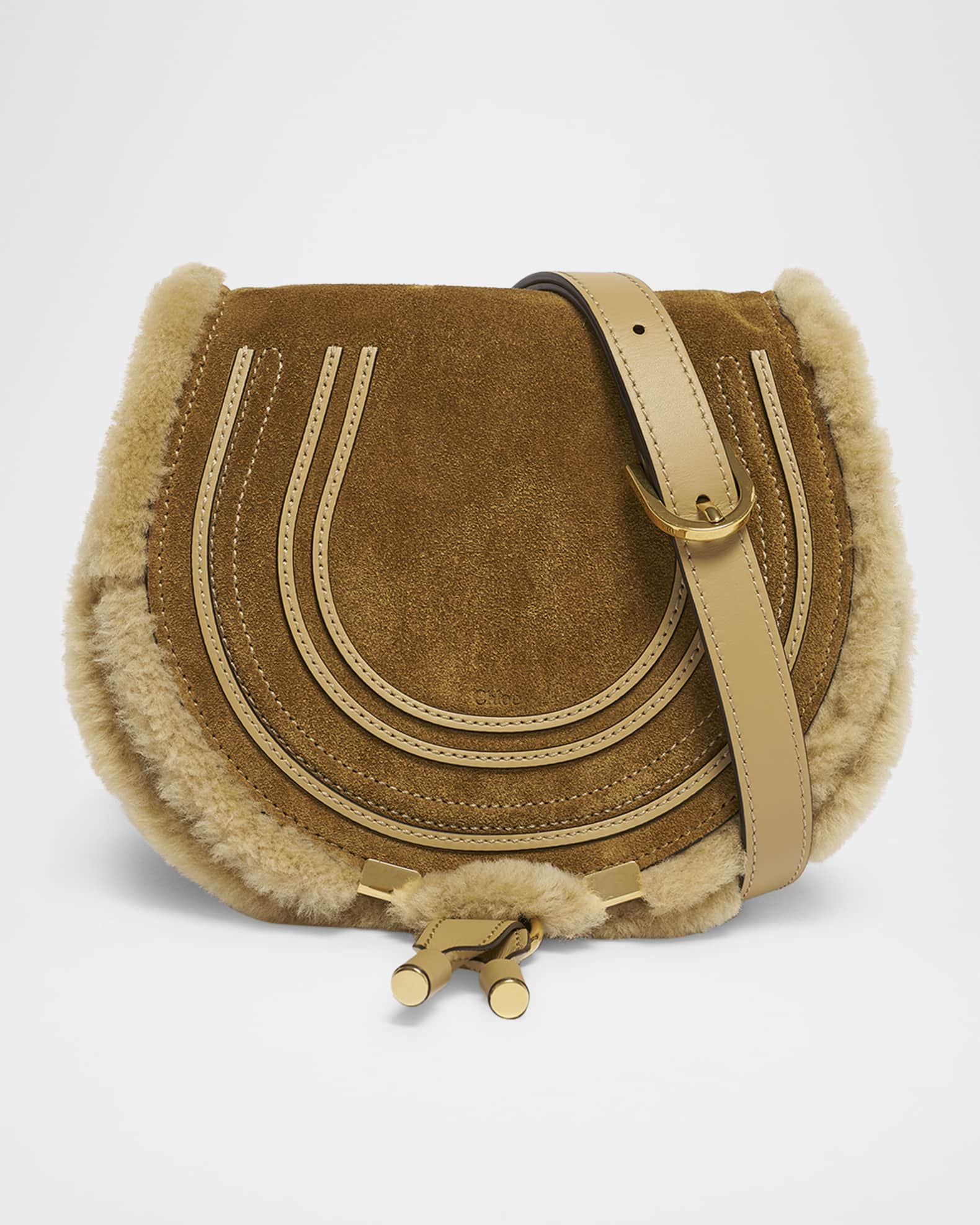 Chloe Marcie Shearling-Trim Suede Saddle Crossbody Bag | Neiman Marcus
