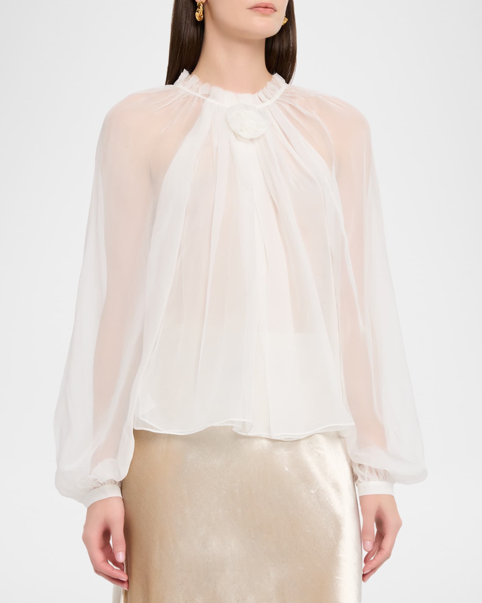 Alberta Ferretti Gathered Silk Rosette Blouse | Neiman Marcus