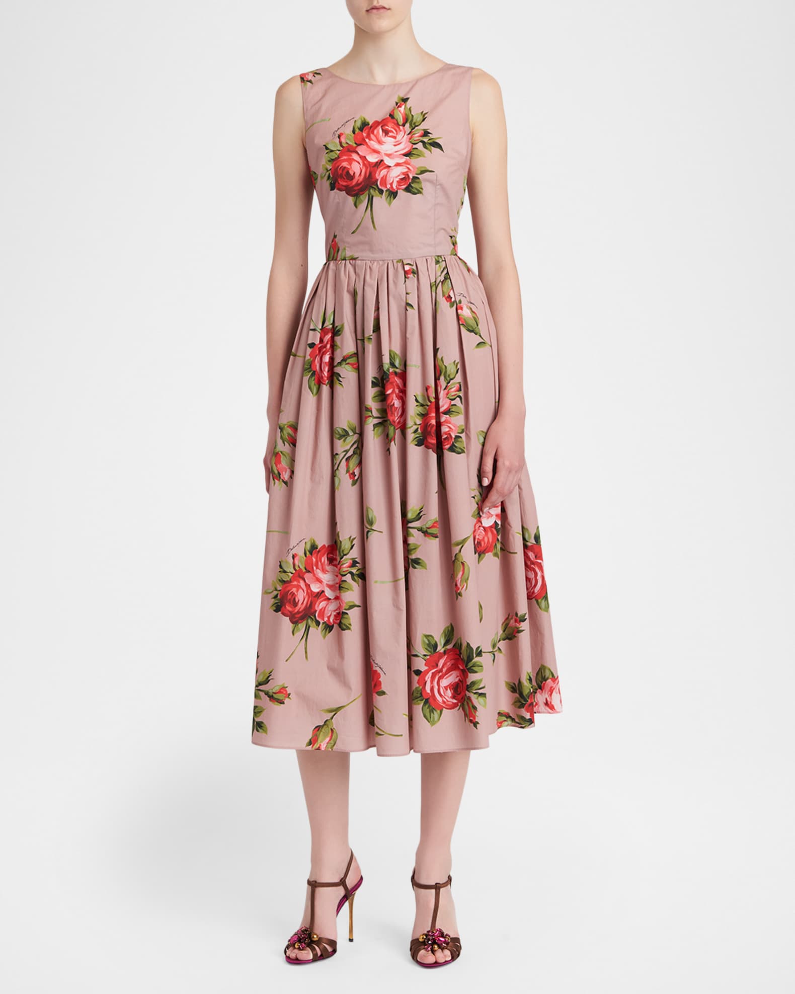 Dolce&Gabbana Sleeveless Floral Stretch Cotton Midi Dress | Neiman Marcus