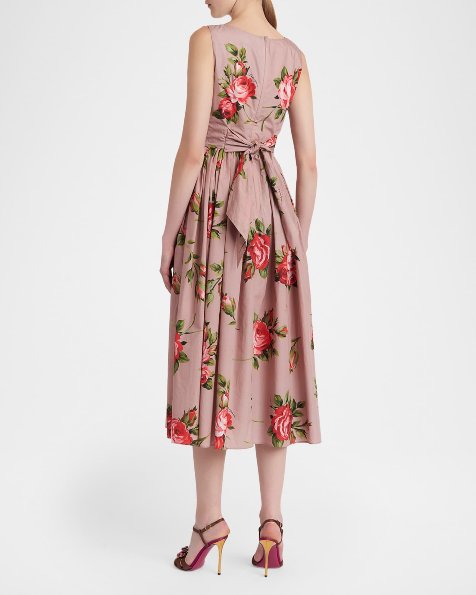 Dolce&Gabbana Sleeveless Floral Stretch Cotton Midi Dress | Neiman Marcus