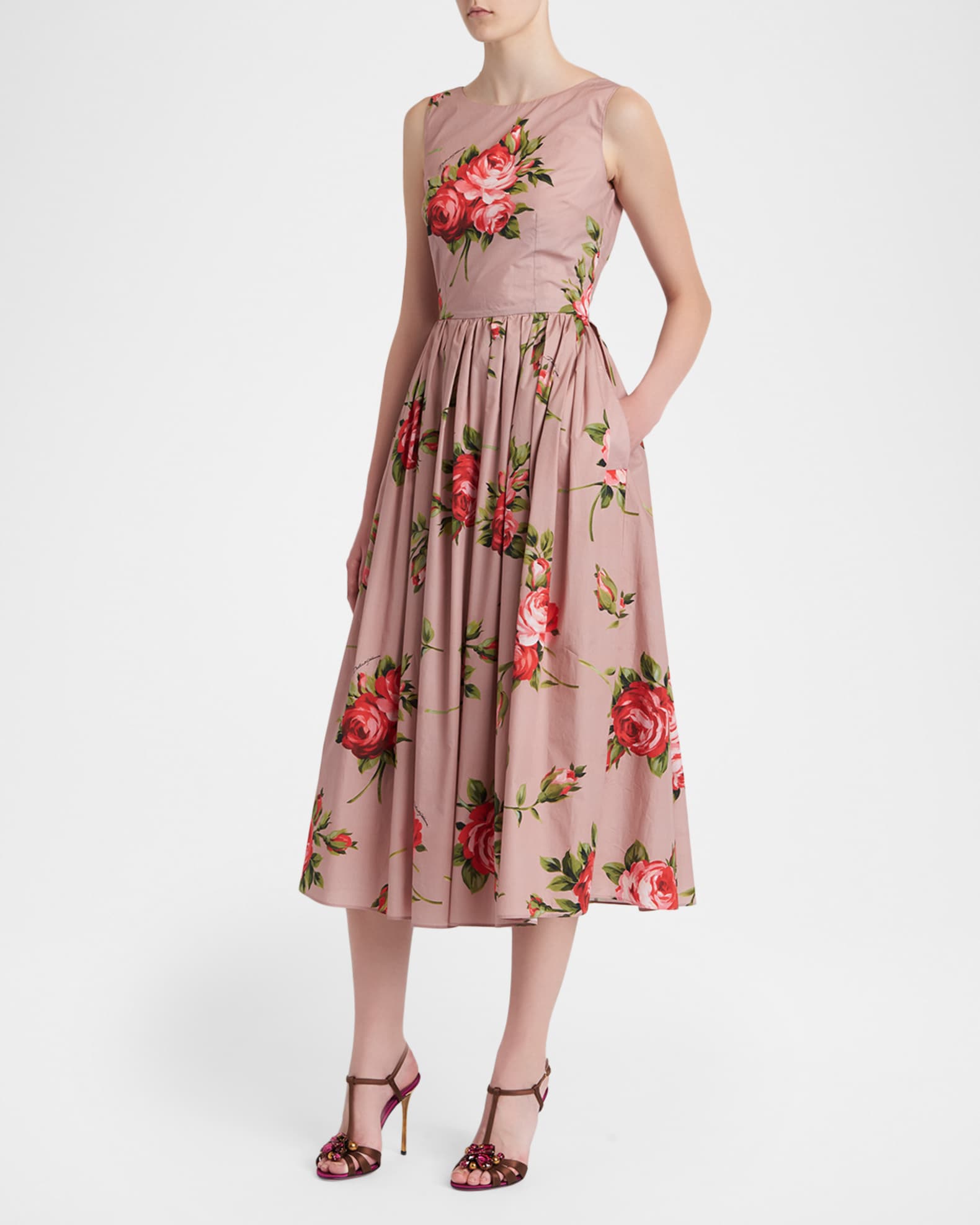 Dolce&Gabbana Sleeveless Floral Stretch Cotton Midi Dress | Neiman Marcus