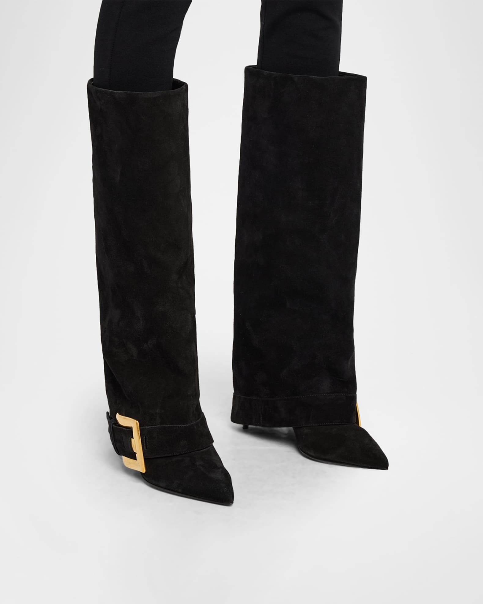 Balmain Anthem Suede Buckle Knee-High Boots | Neiman Marcus