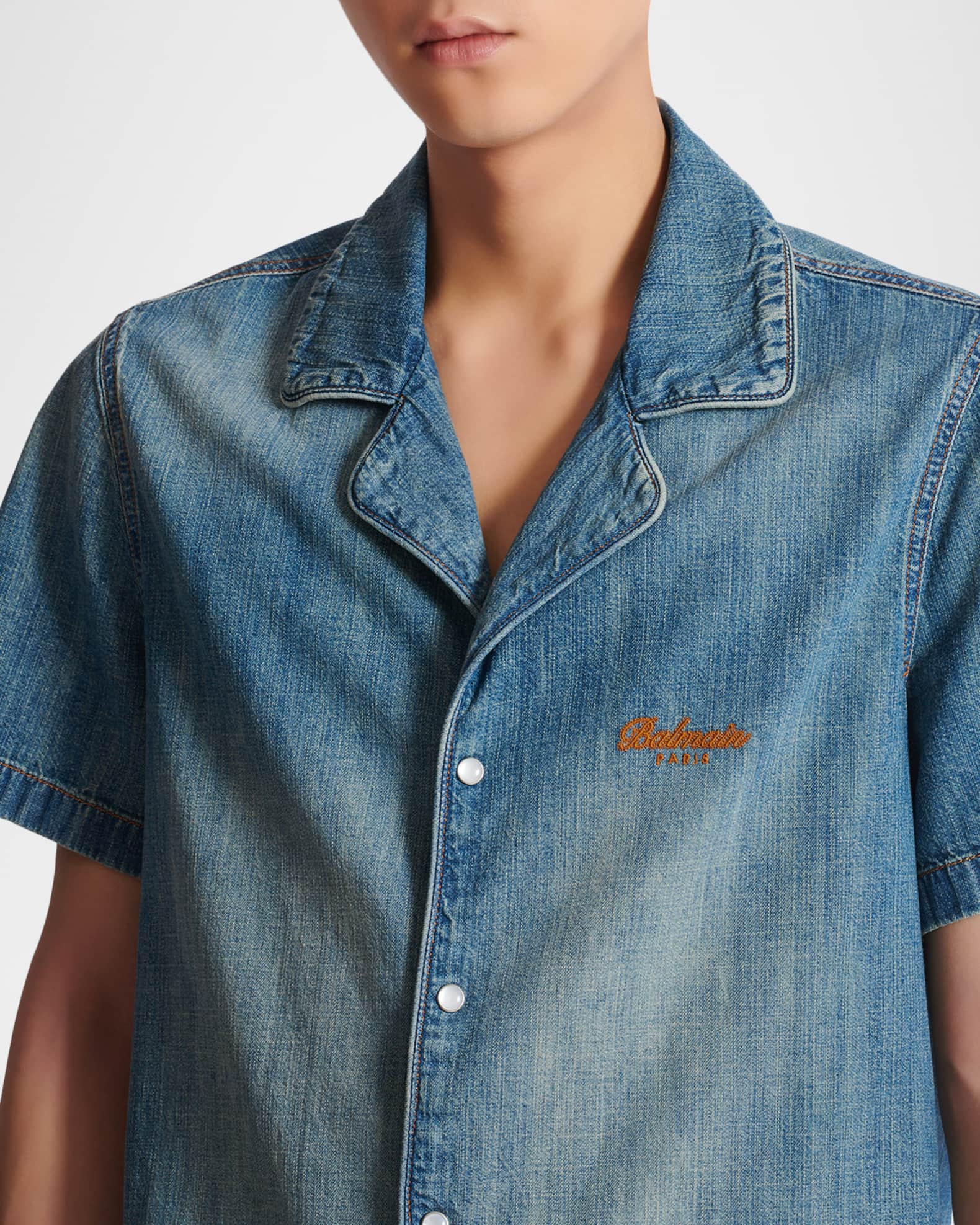 Balmain Men's Logo-Embroidered Faded Denim Short-Sleeve Shirt | Neiman ...
