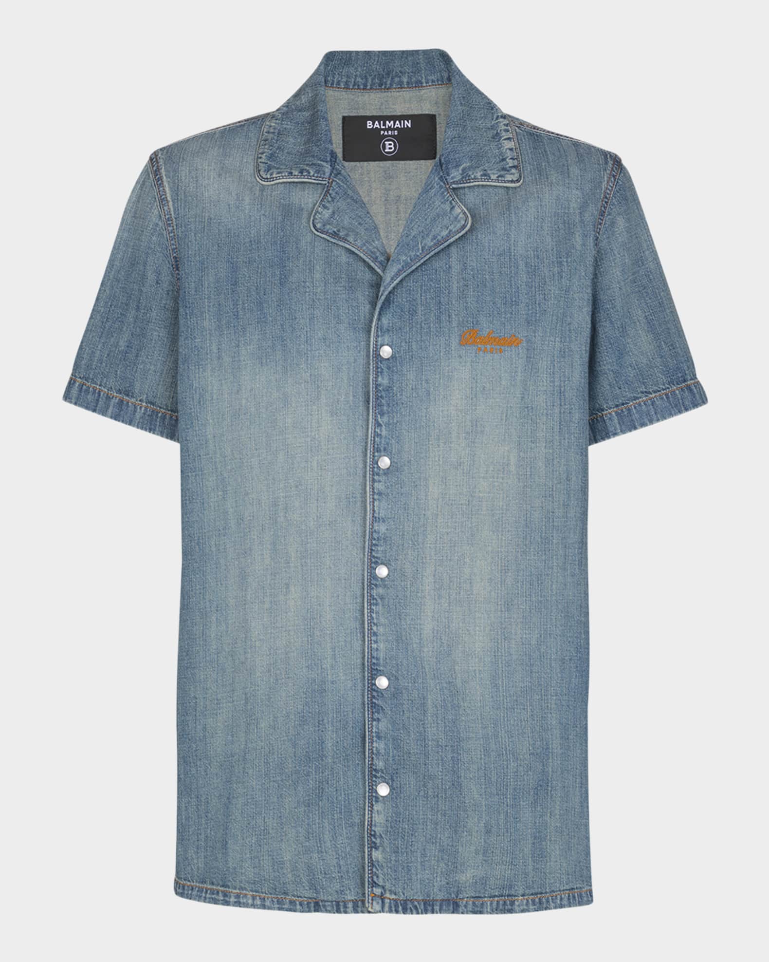 Balmain Men's Logo-Embroidered Faded Denim Short-Sleeve Shirt | Neiman ...
