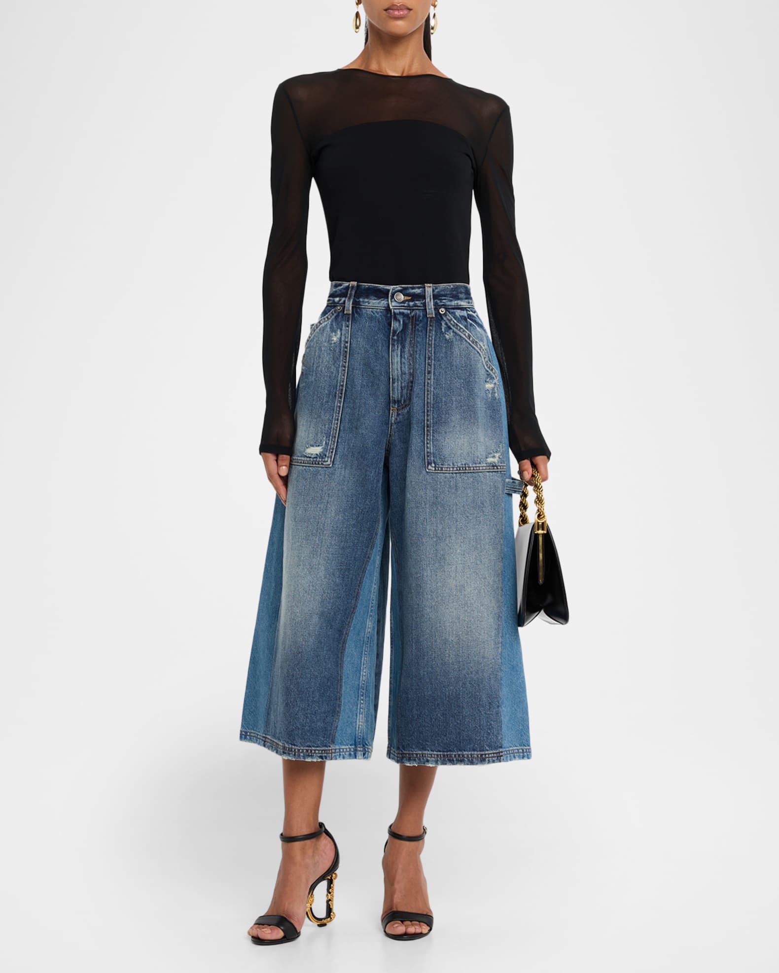 Dolce&Gabbana Patchwork Denim Wide-Leg Crop Carpenter Pants | Neiman Marcus