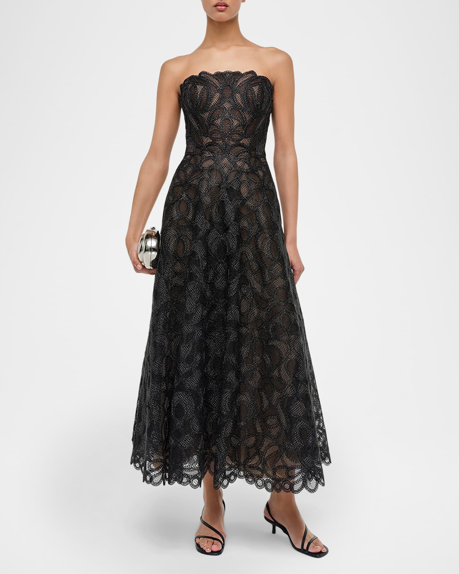 SIMKHAI Elvina Gilded Lace Strapless Midi Dress | Neiman Marcus