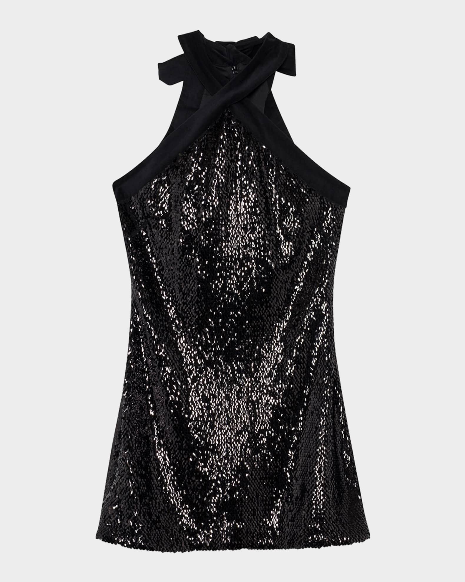 SIMKHAI Isla Back Tie-Neck Sequined Halter Mini Dress | Neiman Marcus