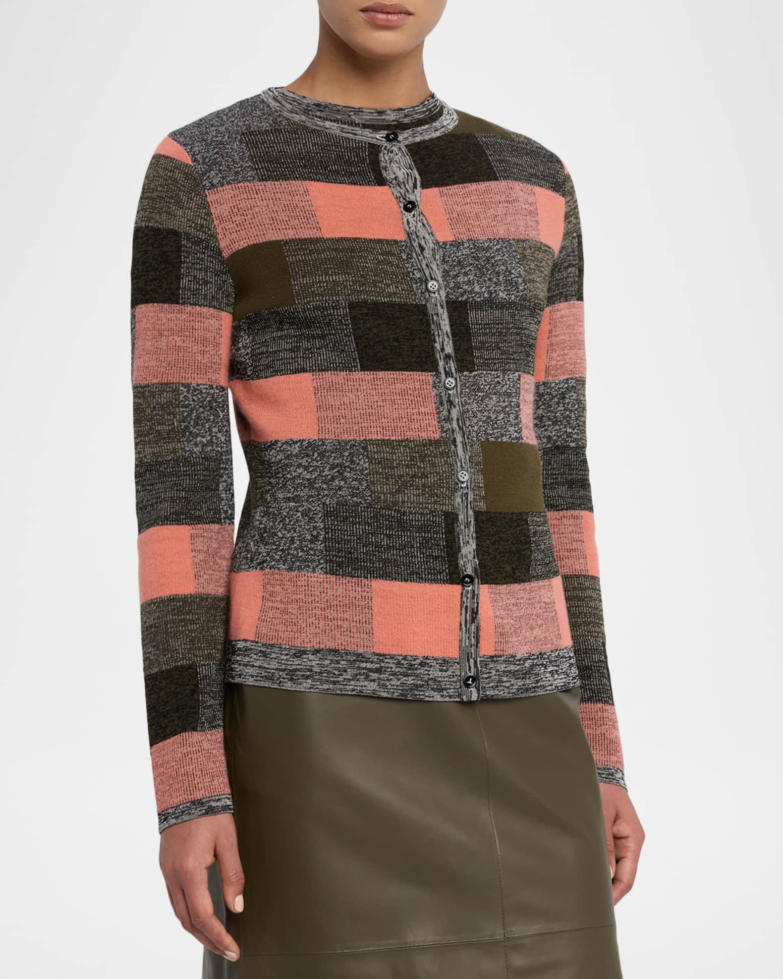 Lafayette 148 New York Colorblock Marled Check Jacquard Knit Cardigan ...