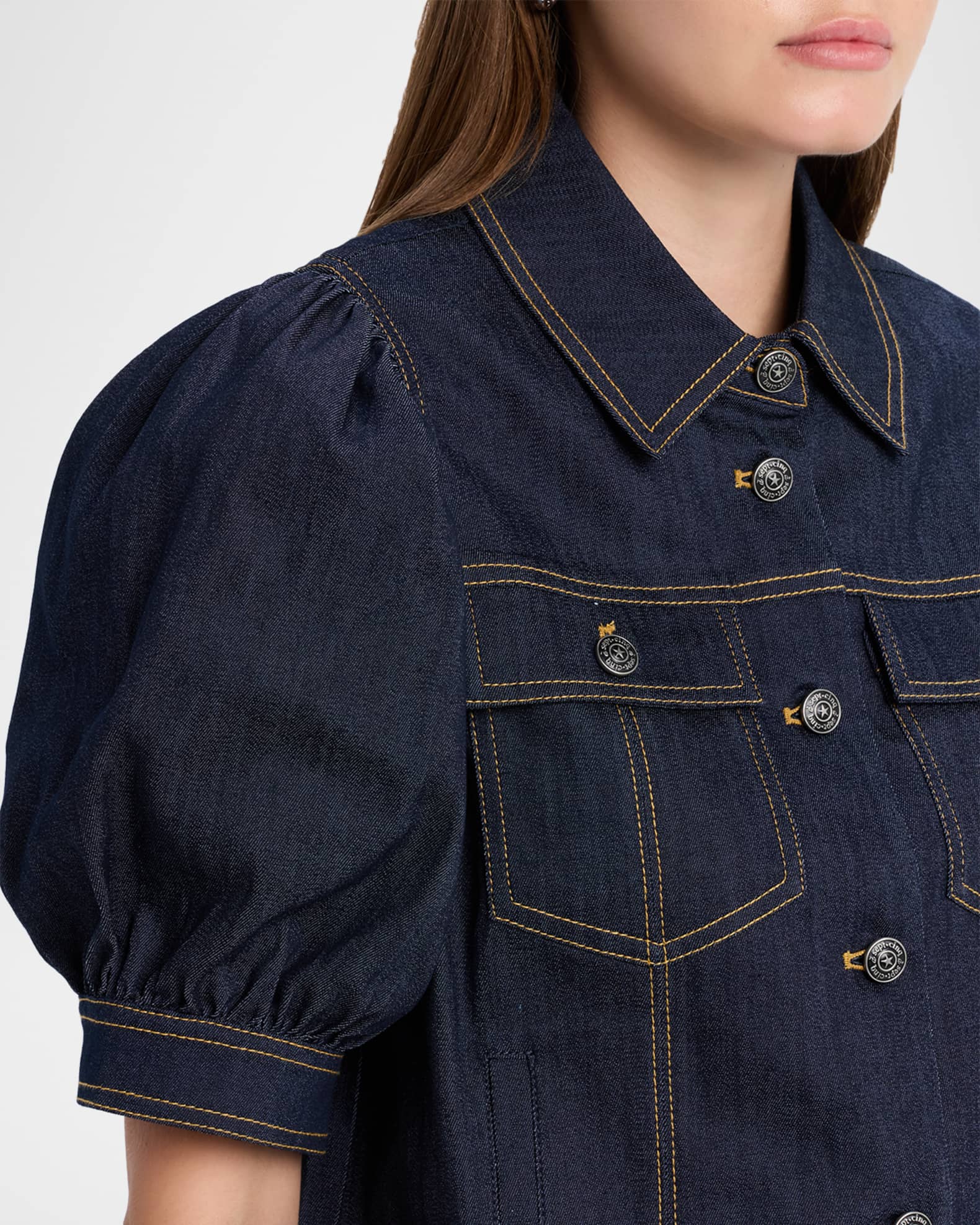 Cinq a Sept Leonie Puff-Sleeve Denim Jacket | Neiman Marcus