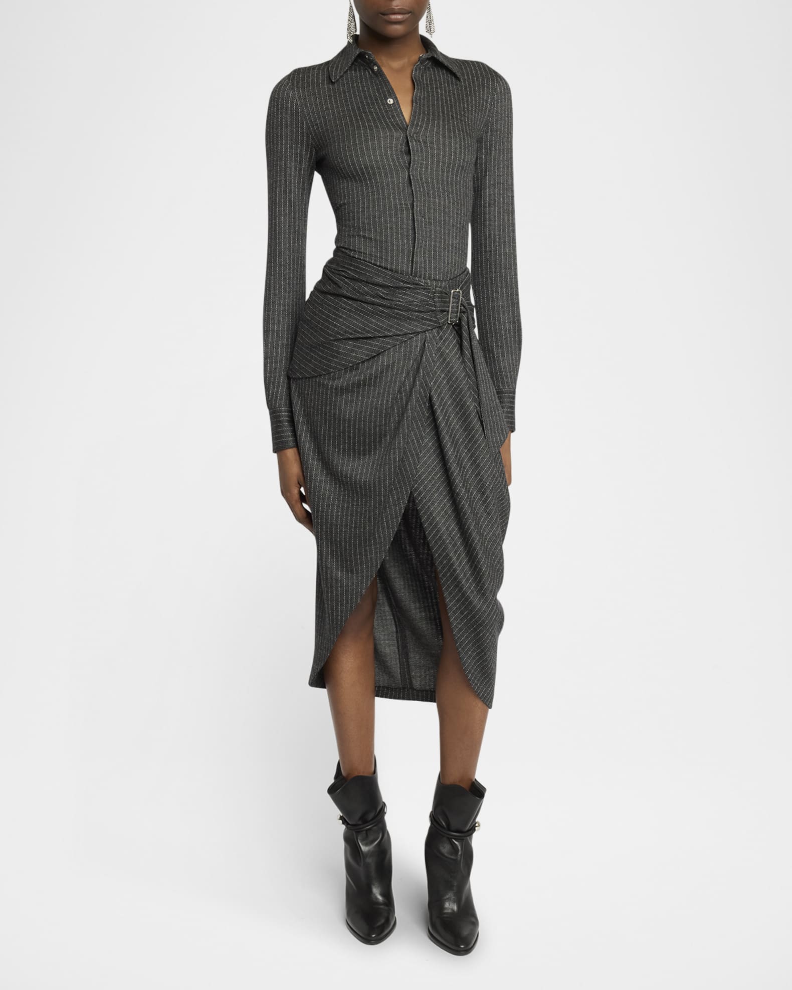 Isabel Marant Reilly Pinstripe Draped Midi Wrap Skirt | Neiman Marcus