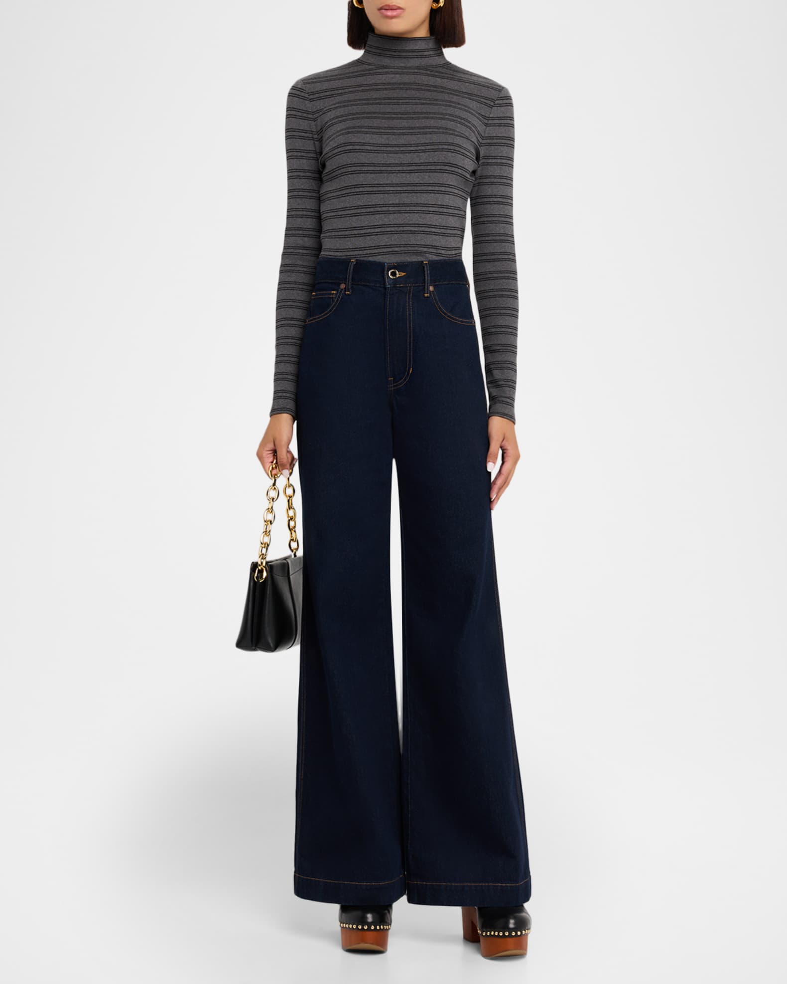 Veronica Beard Nate Striped Ribbed Mock-Neck Top | Neiman Marcus